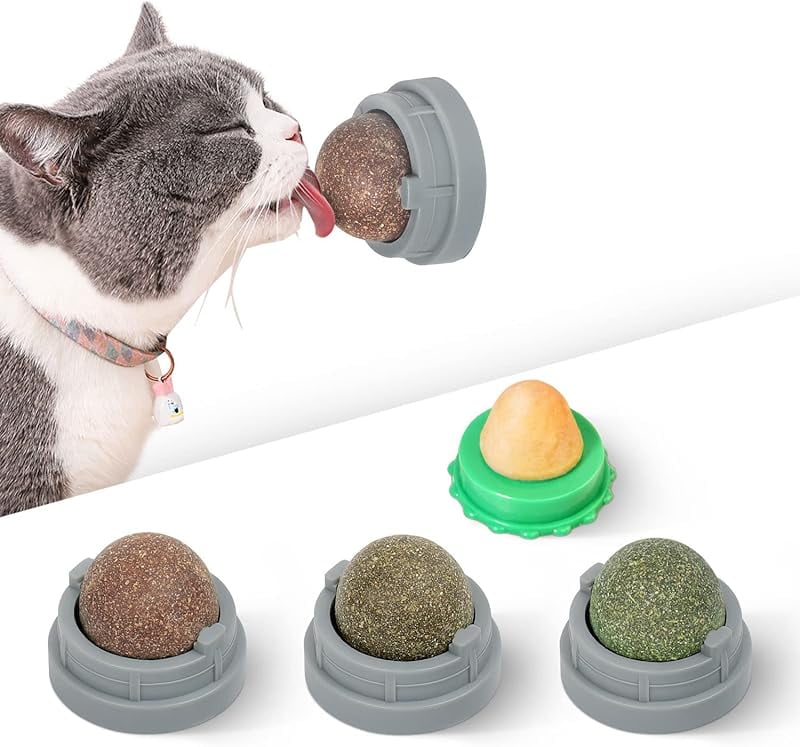 Potaroma 4 Catnip Silvervine Ball Toys, Extra Cat Energy Ball, Edible Cats Lick Kitten Chew ...