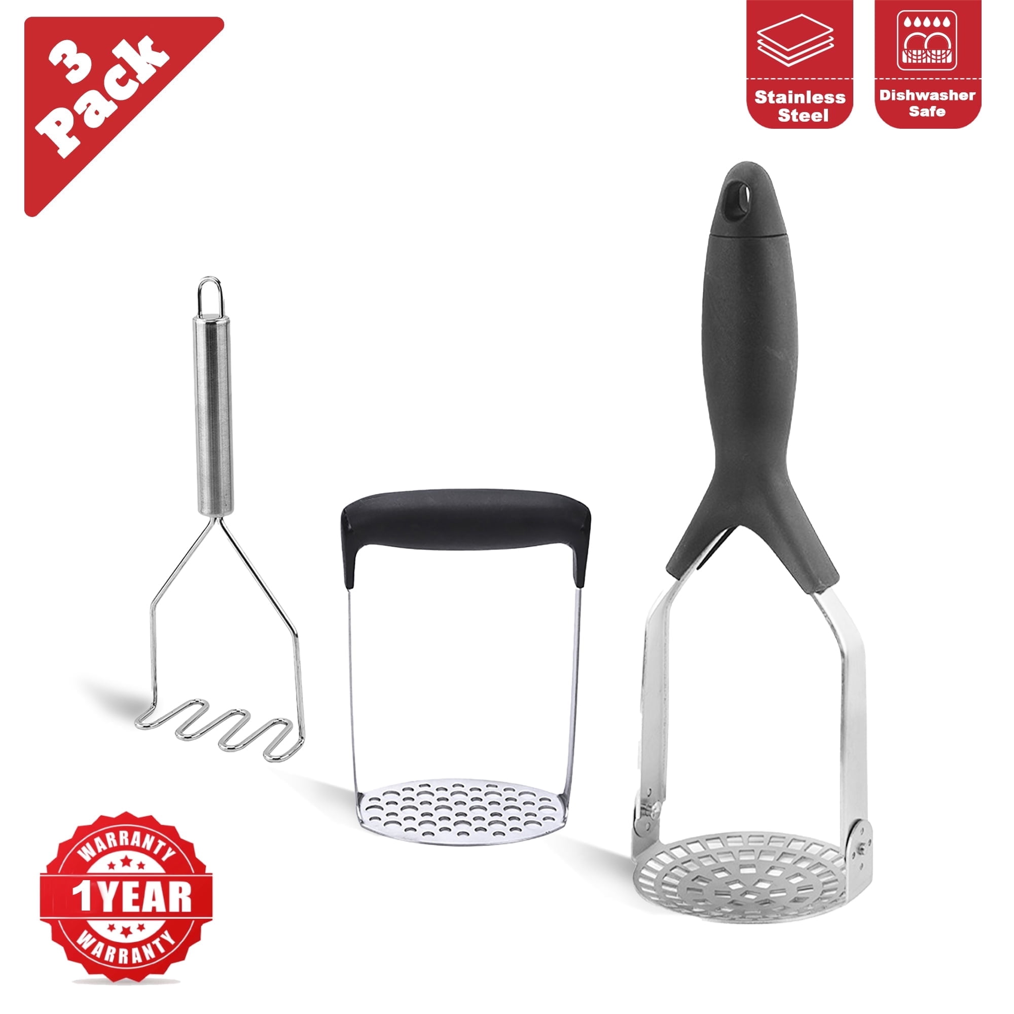 Potato Masher, 2 Pack Stainless Steel Integrated Masher Kitchen Tool ...