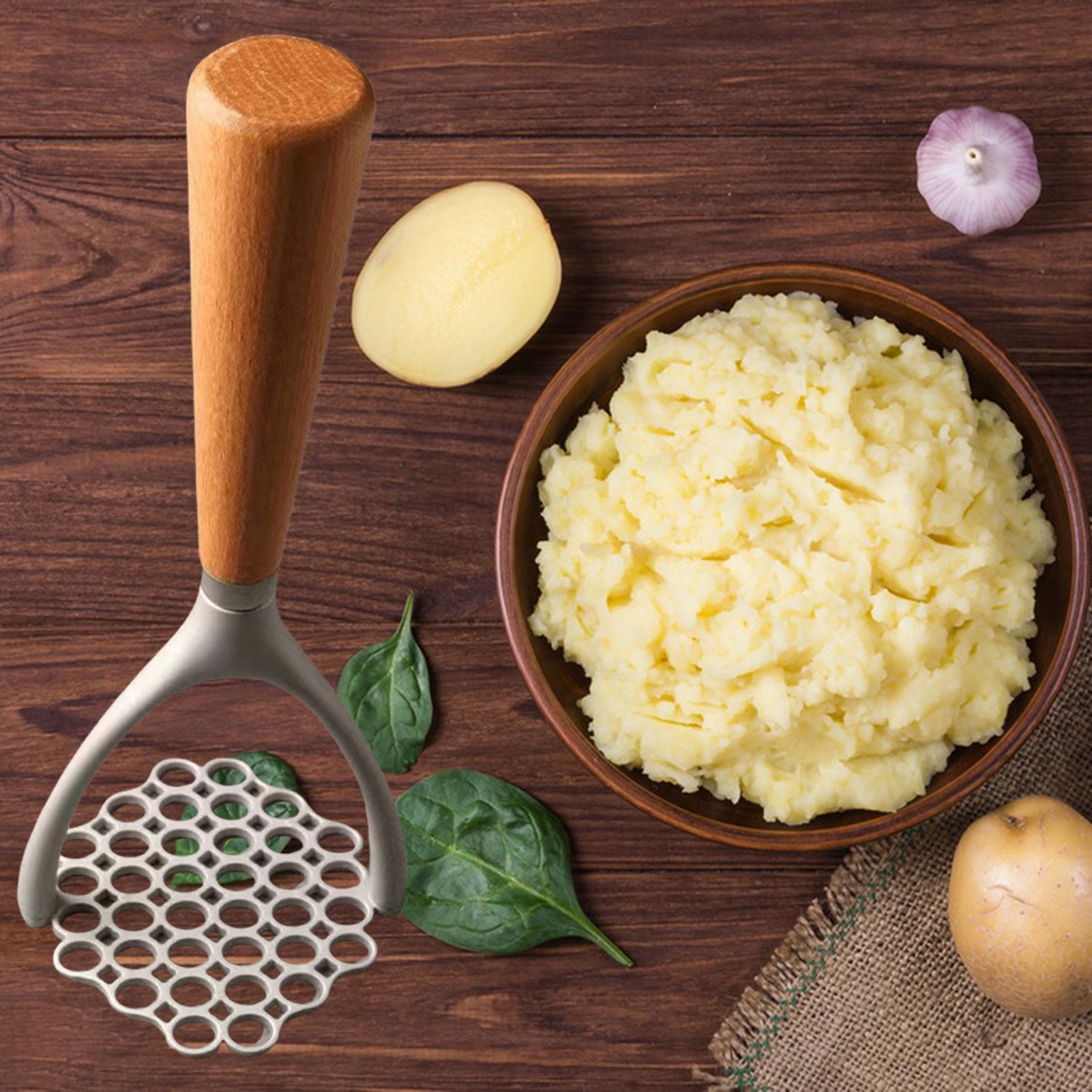 Potato Masher - 36 Even Holes - Uniform Force - Wood Handle - Vegetable ...