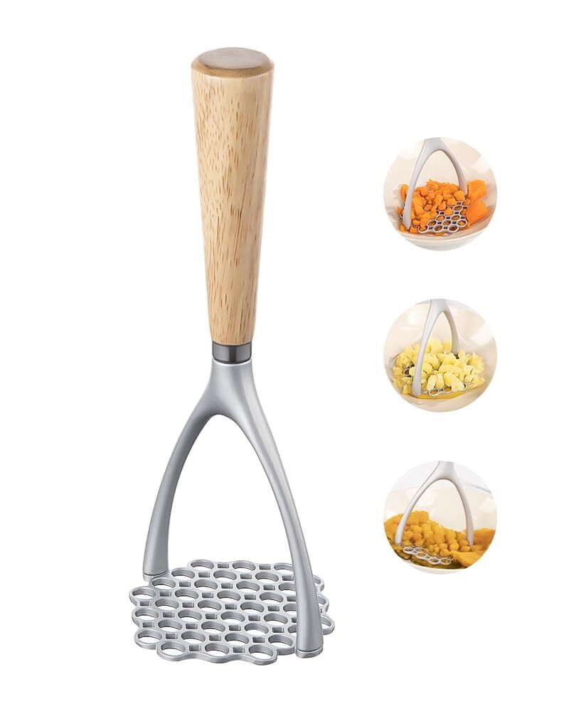 Potato Masher with Wooden Handle, Manual Potato Press for Kitchen Tool ...