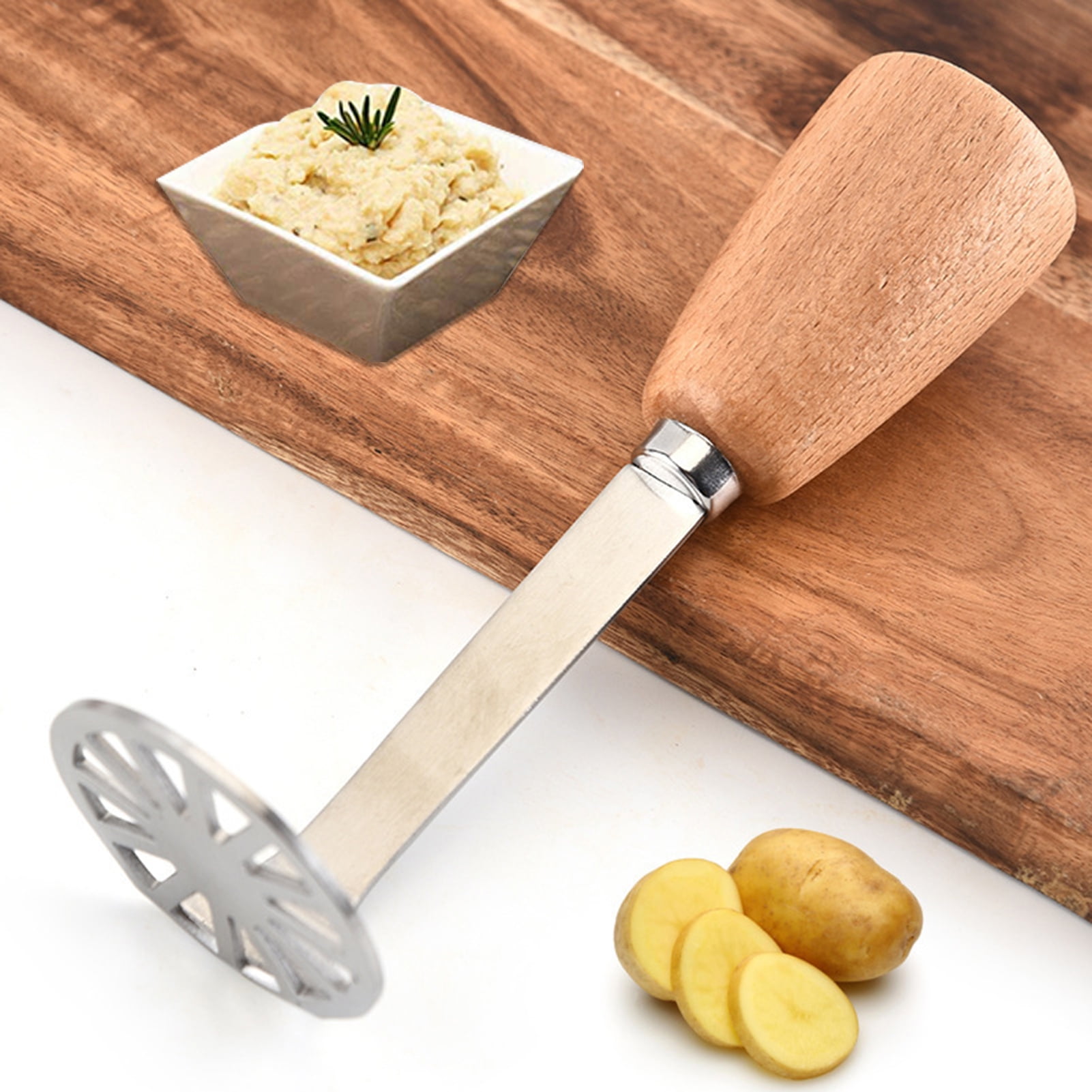 Potato Mashers, Kitchen Utensil Stainless Round Potato Masher, Wooden ...