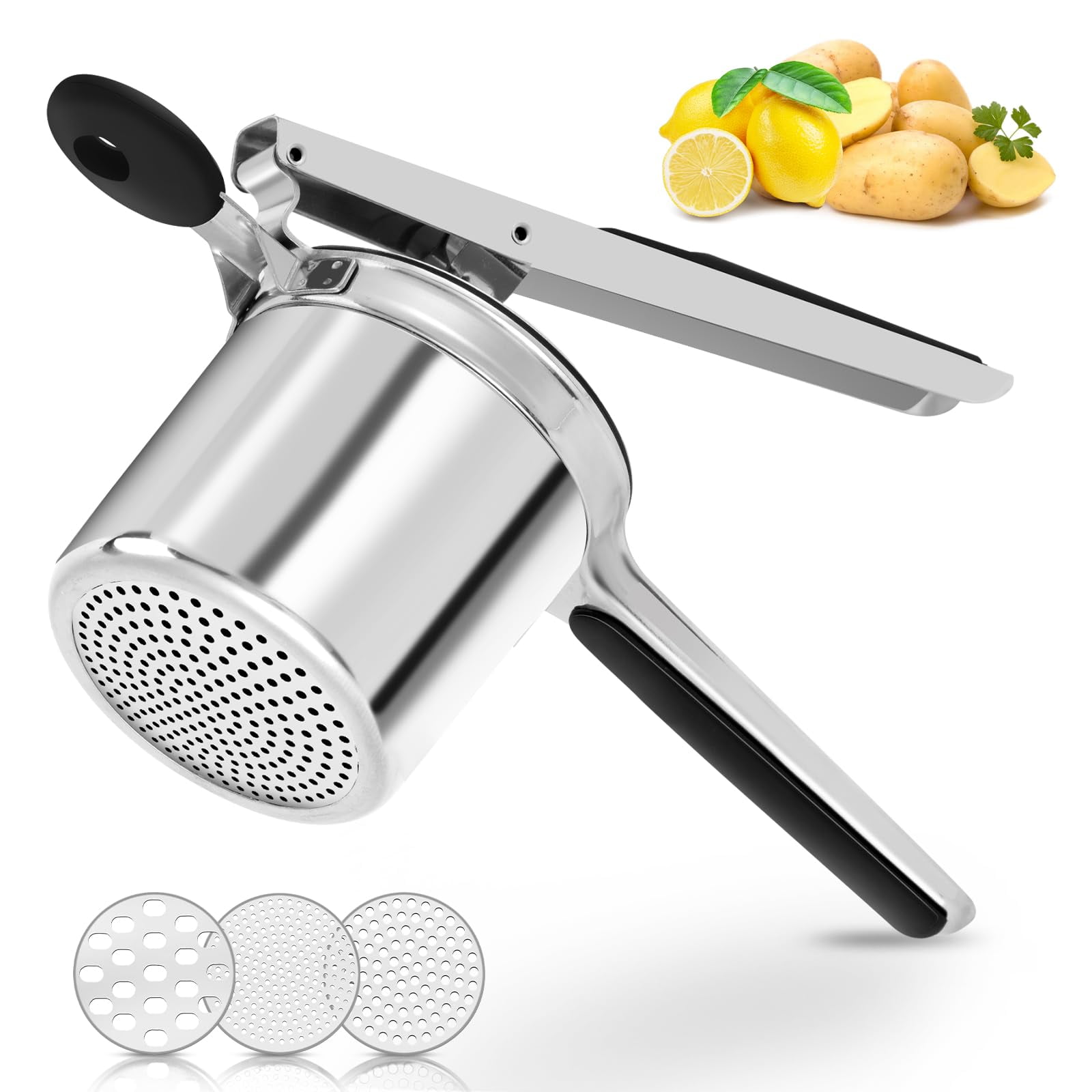Potato ricer, stainless steel potato masher with ergonomic handle ...