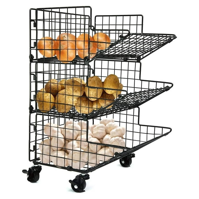 Potato storage 3 baskets for kitchen organization with wheels onion bin ...