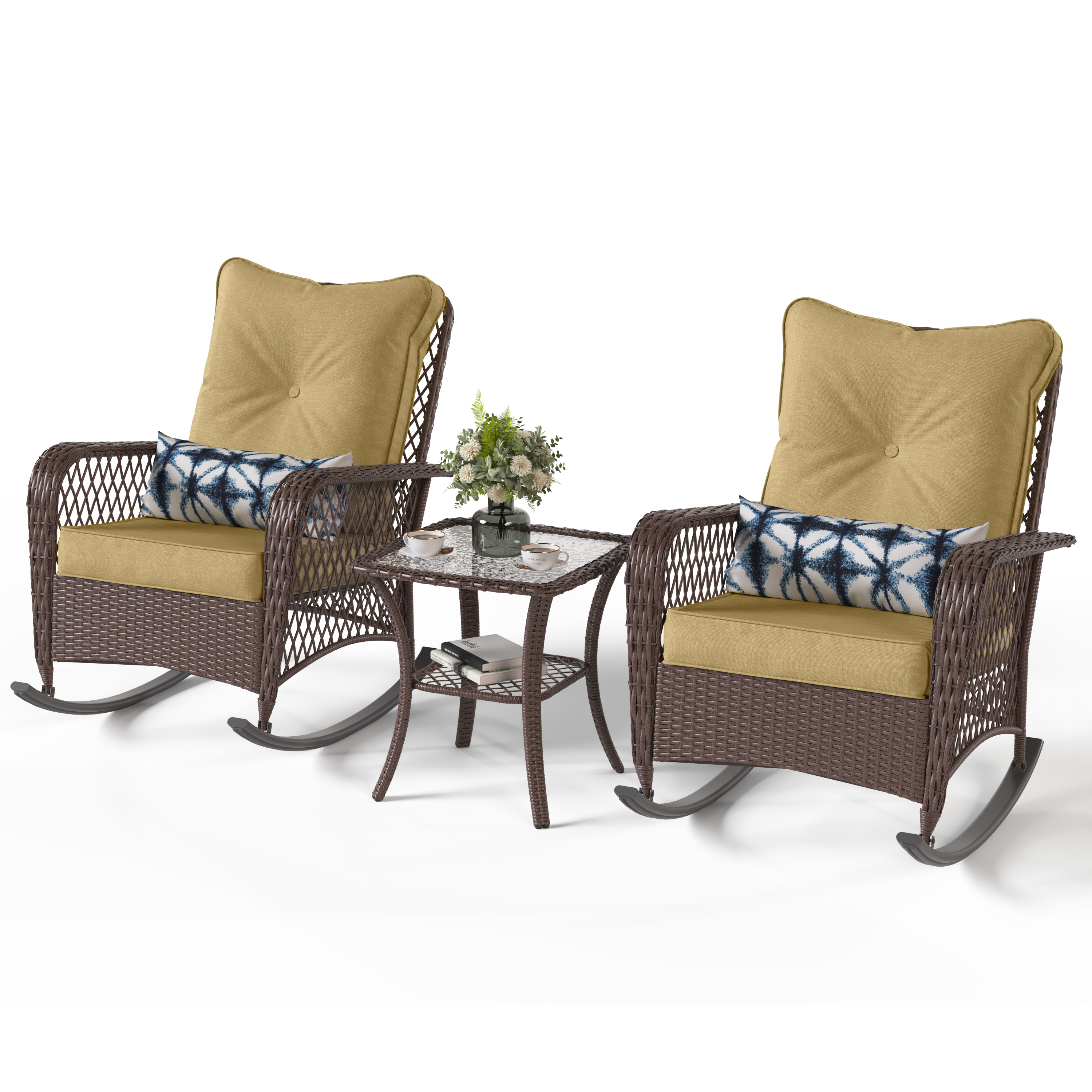 Afuera Living Metal 3-Piece Outdoor Patio Table and Brown Rocking Chair ...