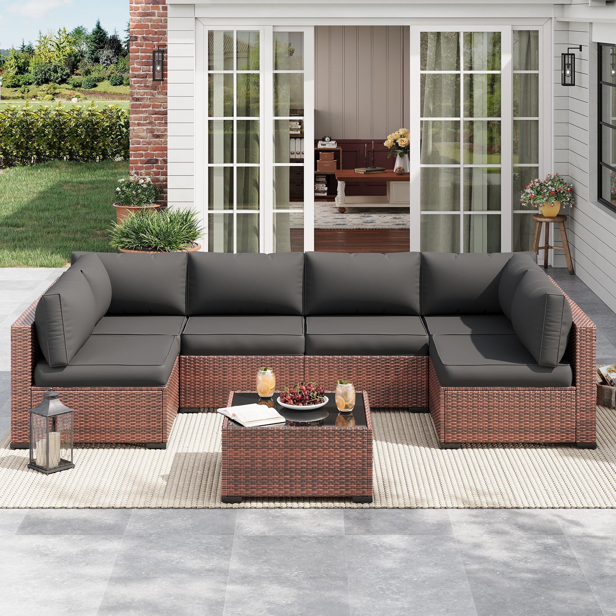 Poteban 7 Piece Outdoor Patio Furniture Set, Grey Rattan Wicker Outdoor ...