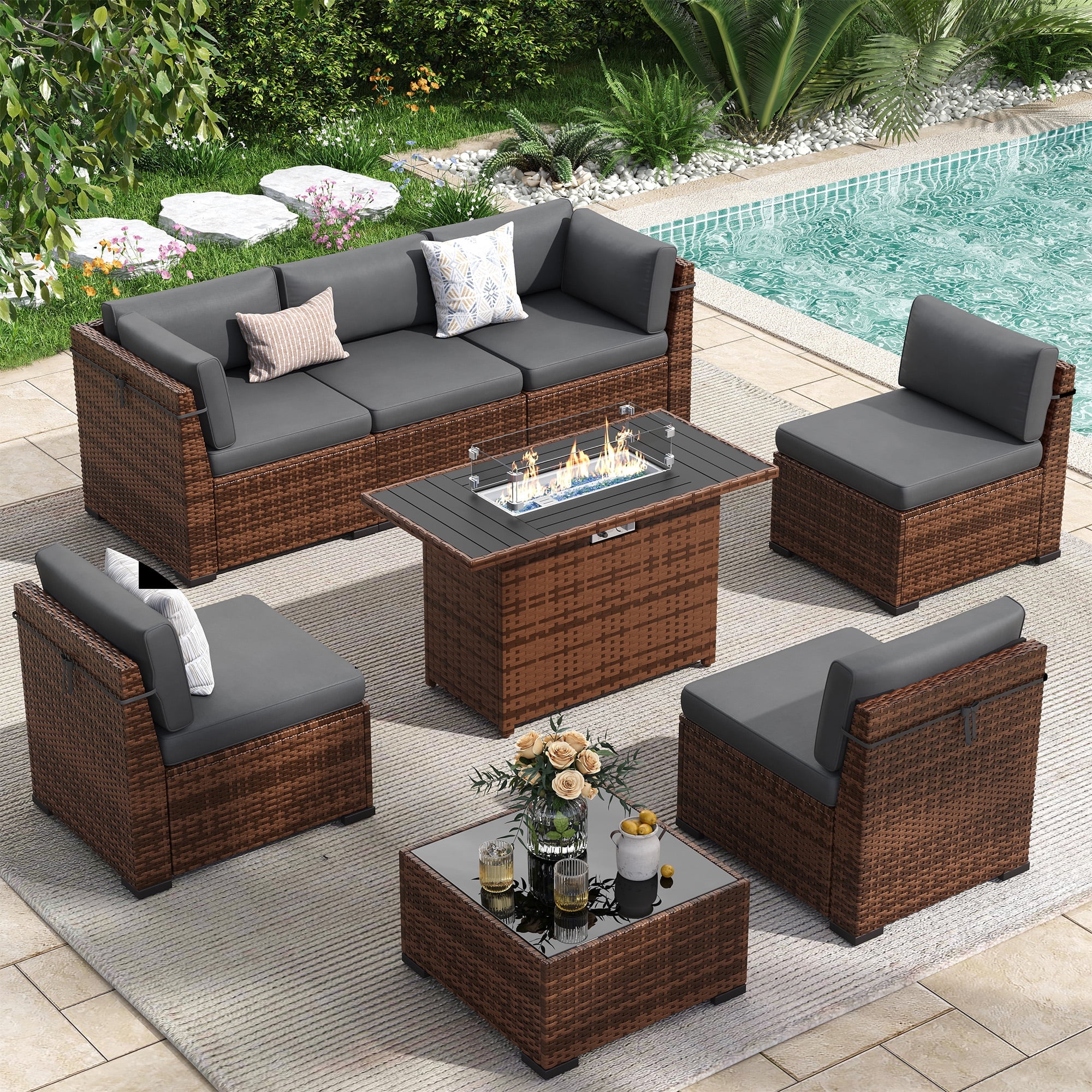 Poteban 8 Pieces Outdoor Patio Furniture Set with 44" Fire Pit Table ...
