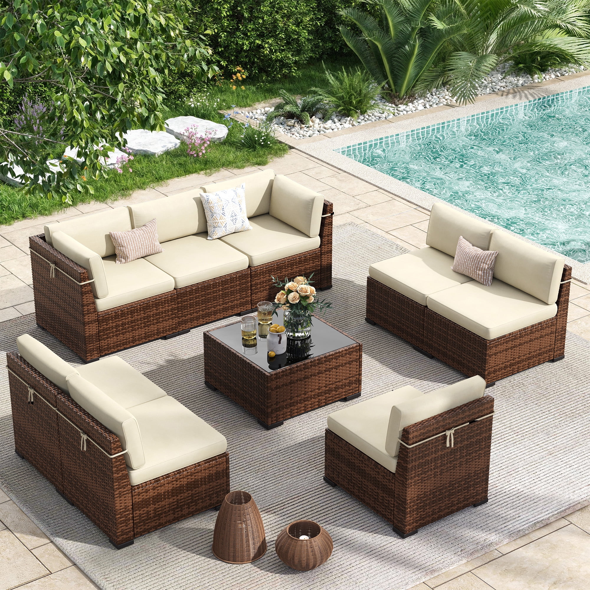 Poteban 9 Pieces Outdoor Sectional Sofa Set , PE Wicker Rattan Slanted ...