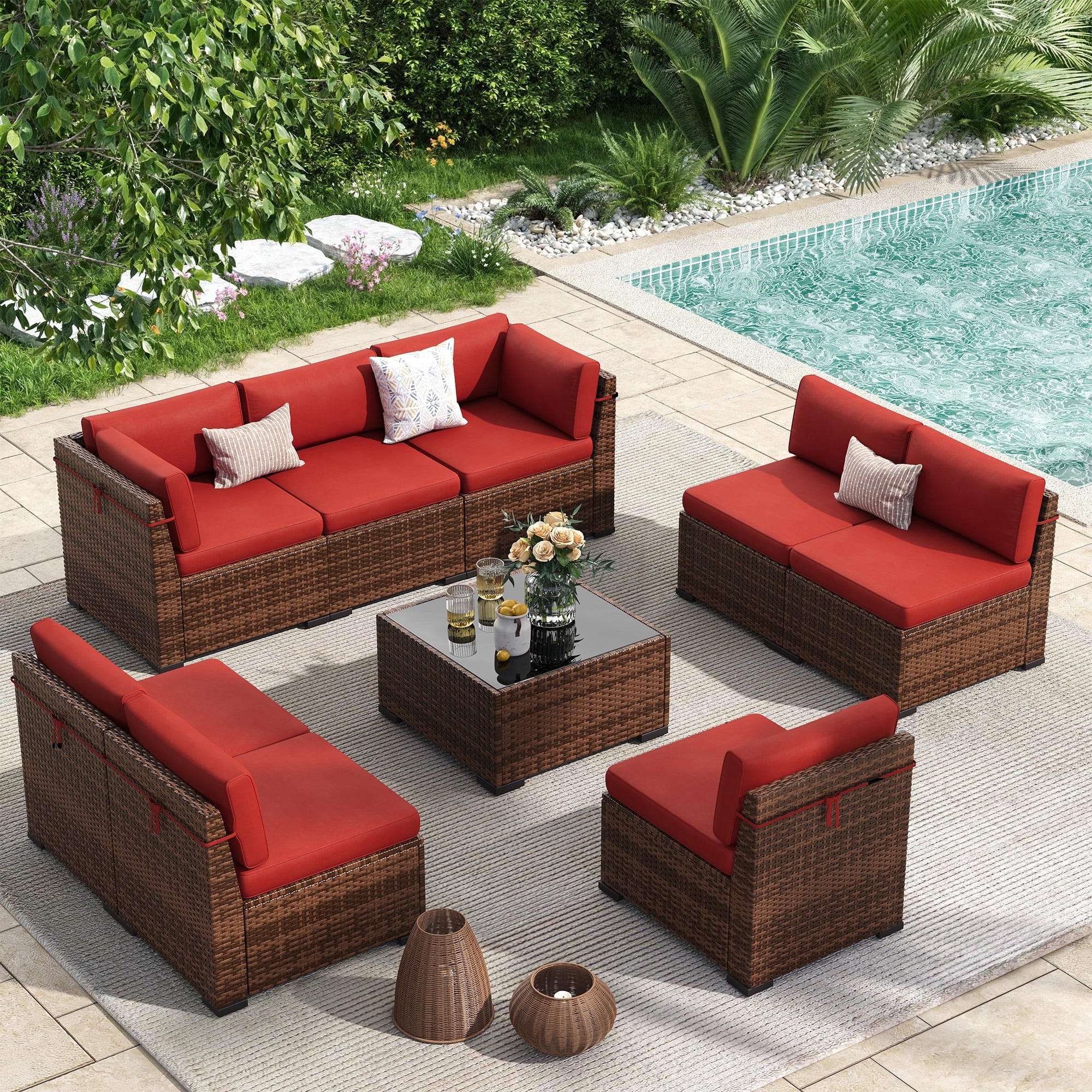 Poteban 9 Pieces Outdoor Sectional Sofa Set , PE Wicker Rattan Slanted ...
