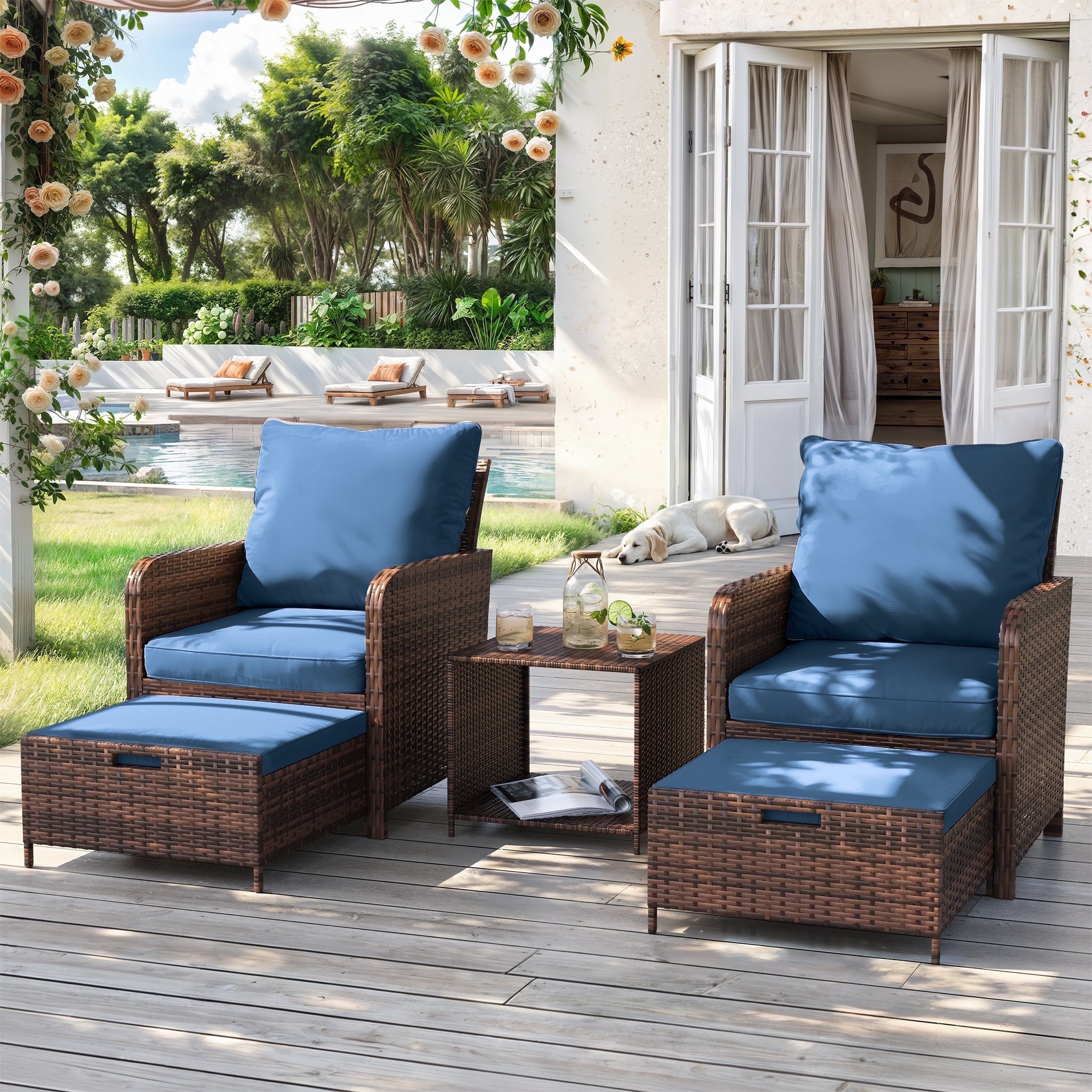 POTEBAN Patio Furniture Set, 5 Piece Outdoor Wicker Chairs with Ottoman ...