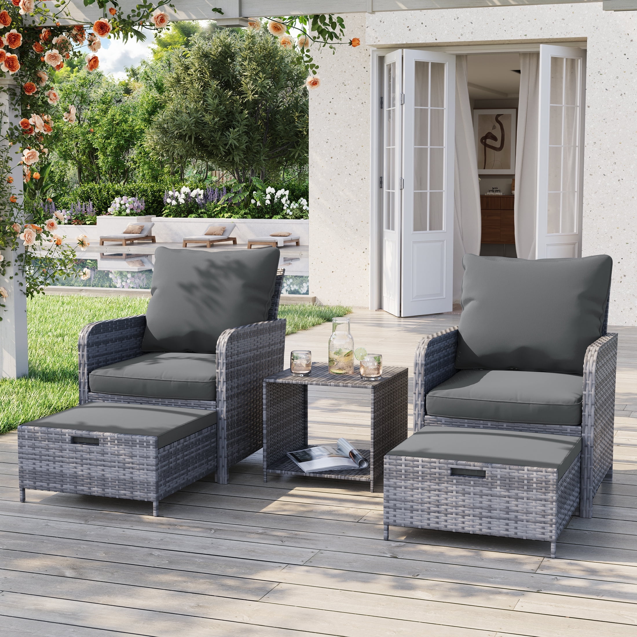 POTEBAN Gray Rattan Outdoor Seating Set, 5-Piece Patio Chairs with ...