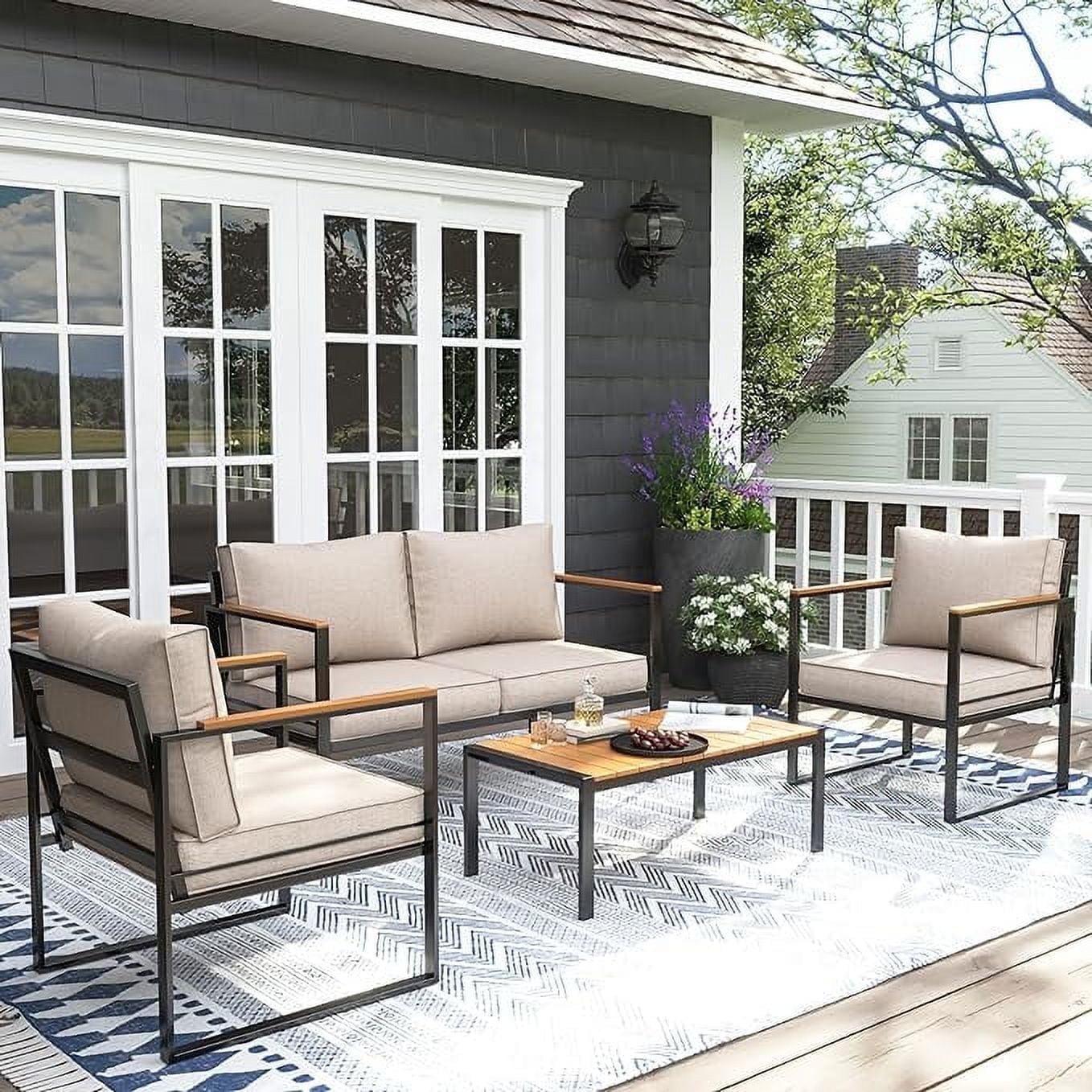 Poteban Metal Outdoor Patio Furniture Set, Modern Outdoor Conversation ...