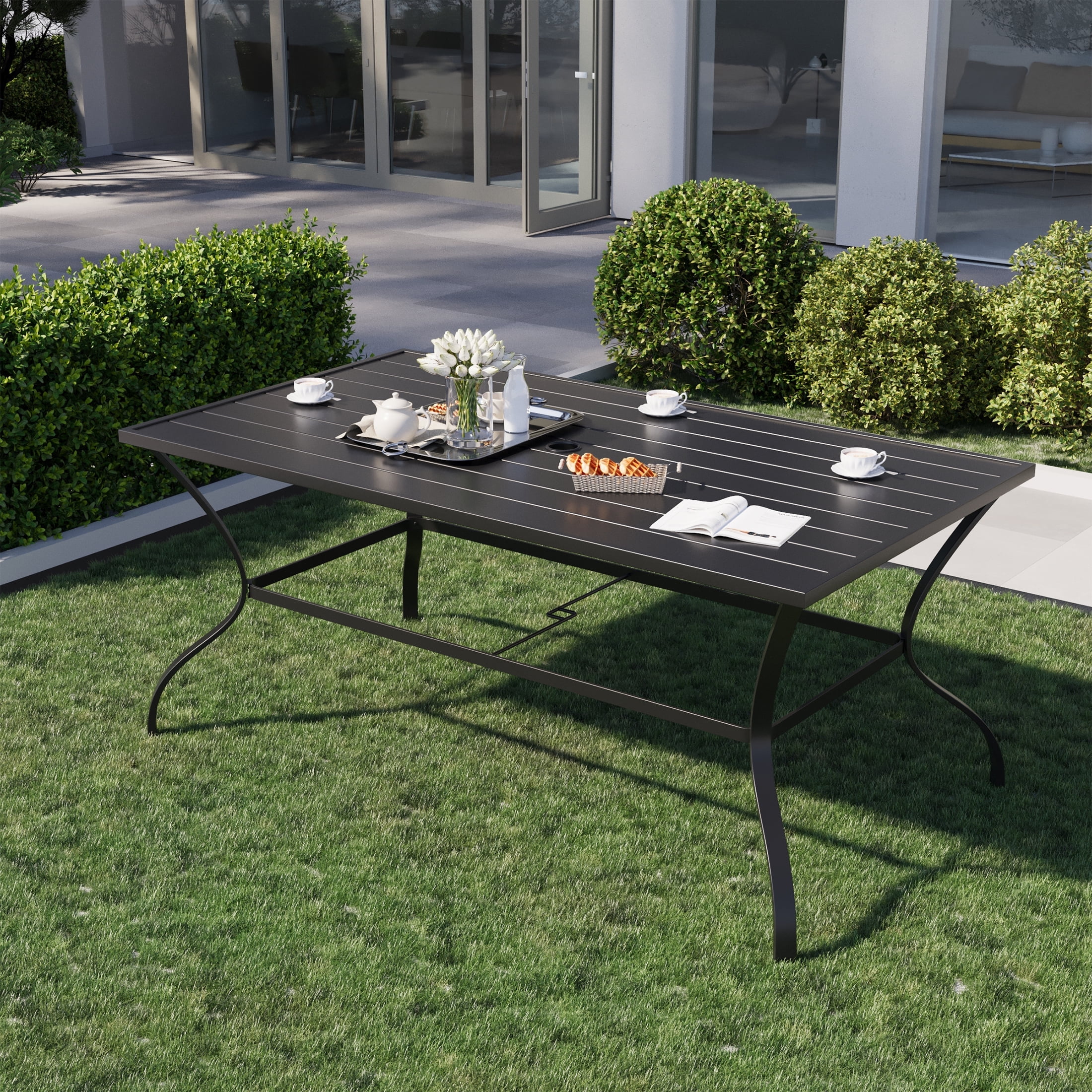 Poteban Outdoor Dining Table for 6, Metal Rectangle Table with Umbrella ...