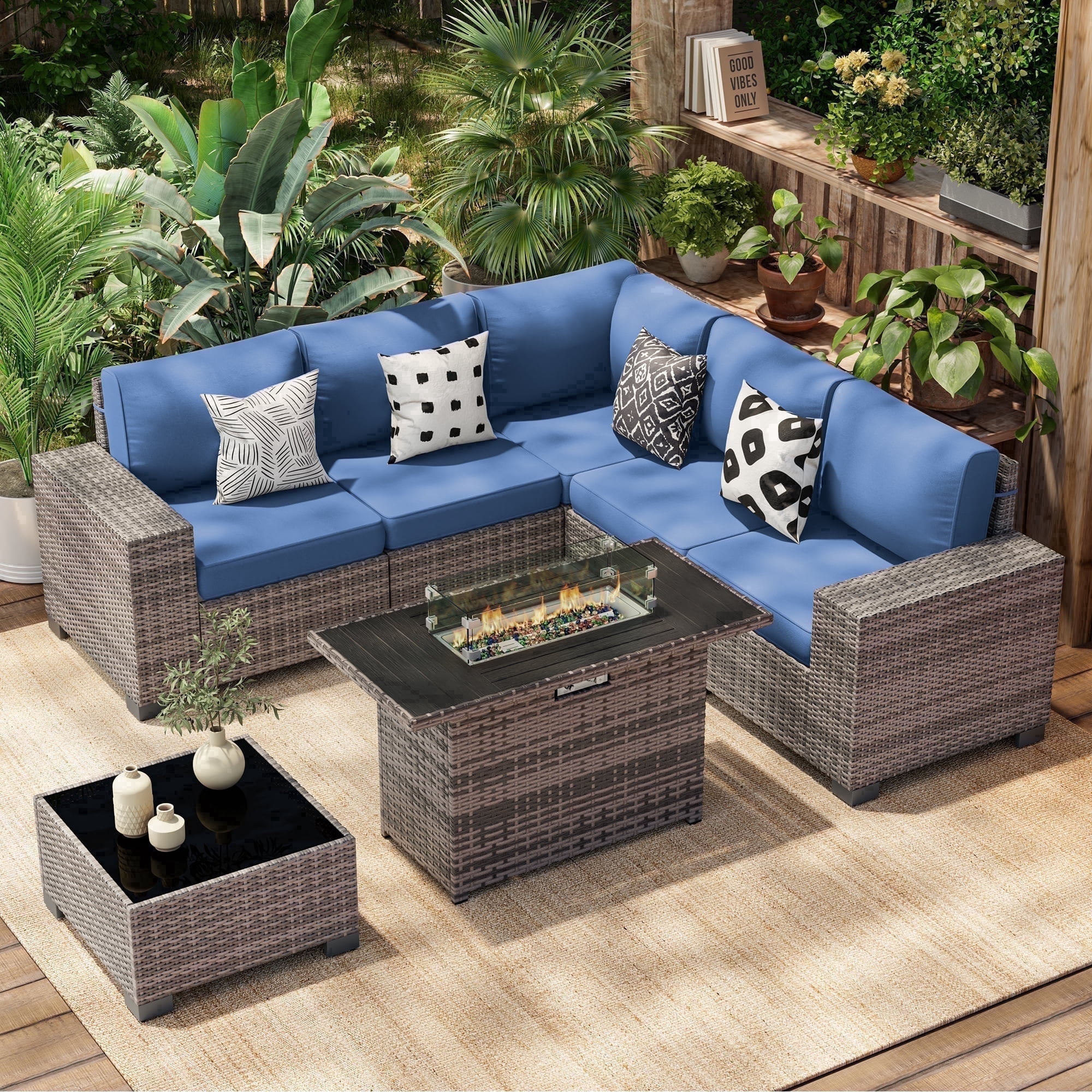 Poteban Outdoor Sectional with Fire Pit Table, 8 Inch Armrest Patio ...