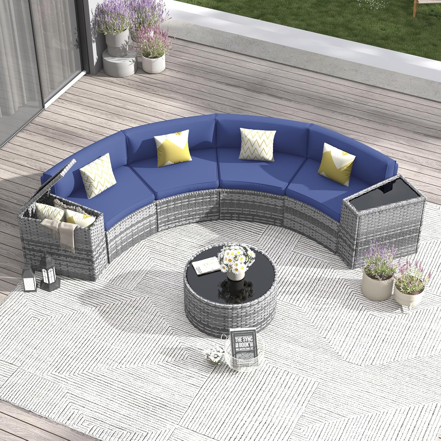 Poteban Patio Sectional Furniture Outdoor 7-Piece Grey Rattan Curved ...