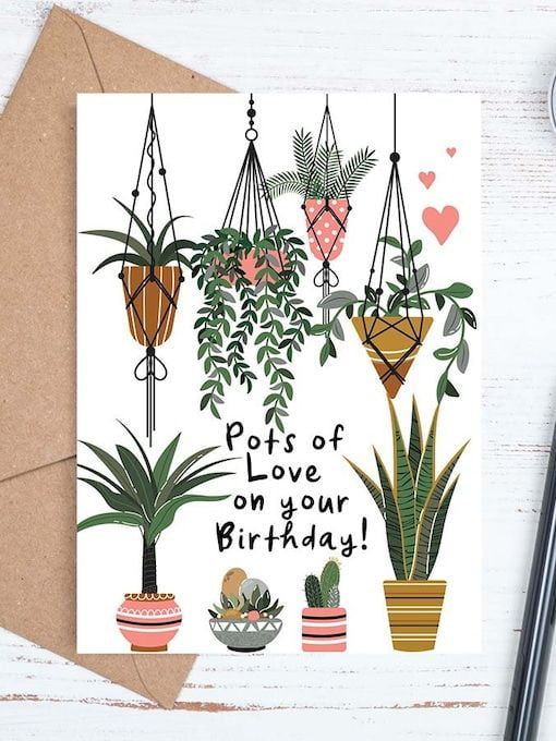 Pots of Love Birthday Card – Whimsical Plant Design with Hanging ...