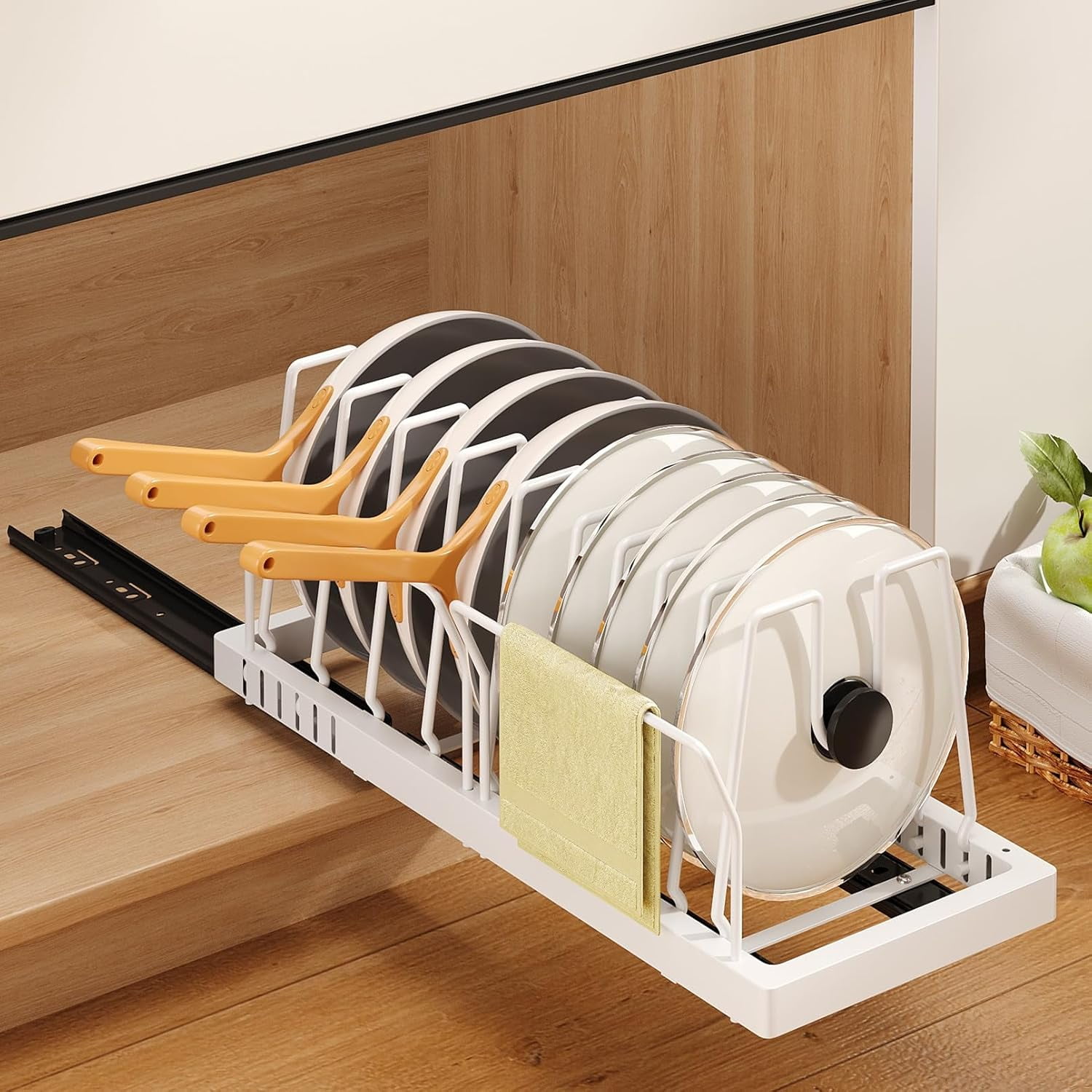 Pots and Pans Organizer Under Cabinet, 21.6" Deep Pull Out Pot Lid ...