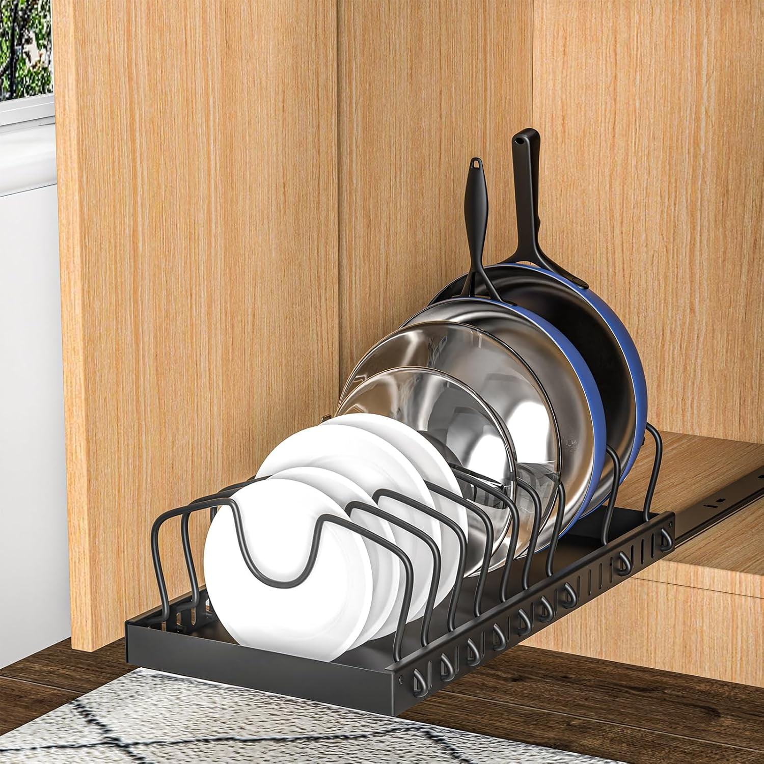 Pots and Pans Organizer Under Cabinet, 8-Tier Sliding Adjustable Pan ...