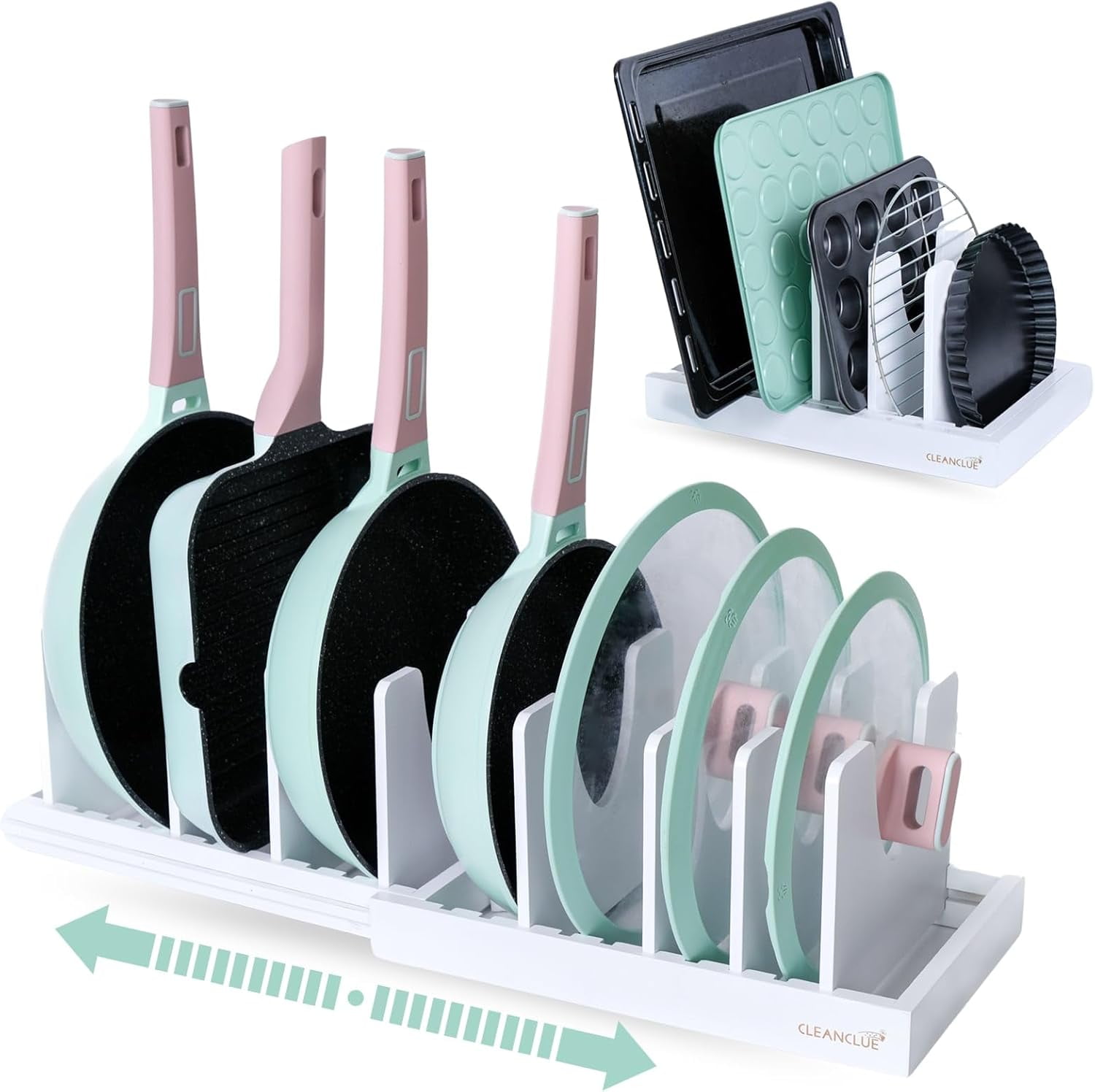 Pots and Pans Organizer under Cabinet, Bamboo Expandable Bakeware and ...