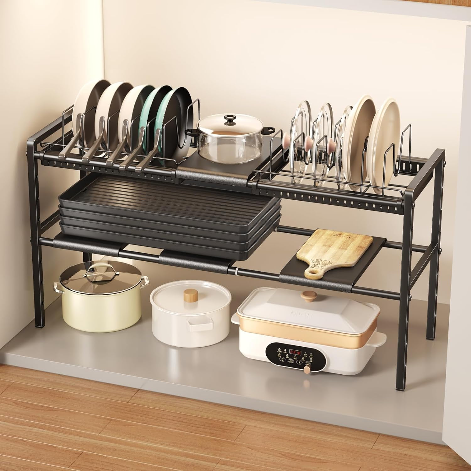 Pots and Pans Organizer Under Cabinet, Expandable 2 Tier Under Sink ...