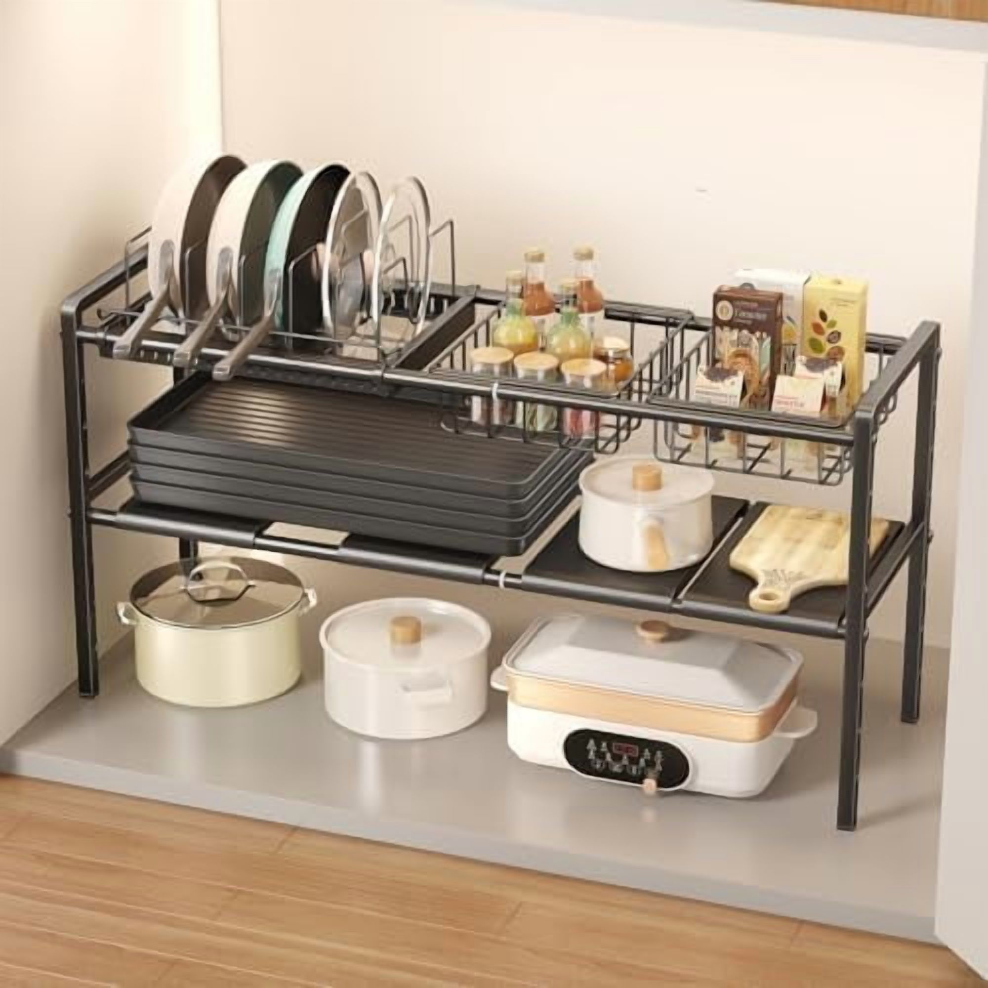 Pots and Pans Organizer Under Cabinet, Expandable 2 Tier Under Sink ...