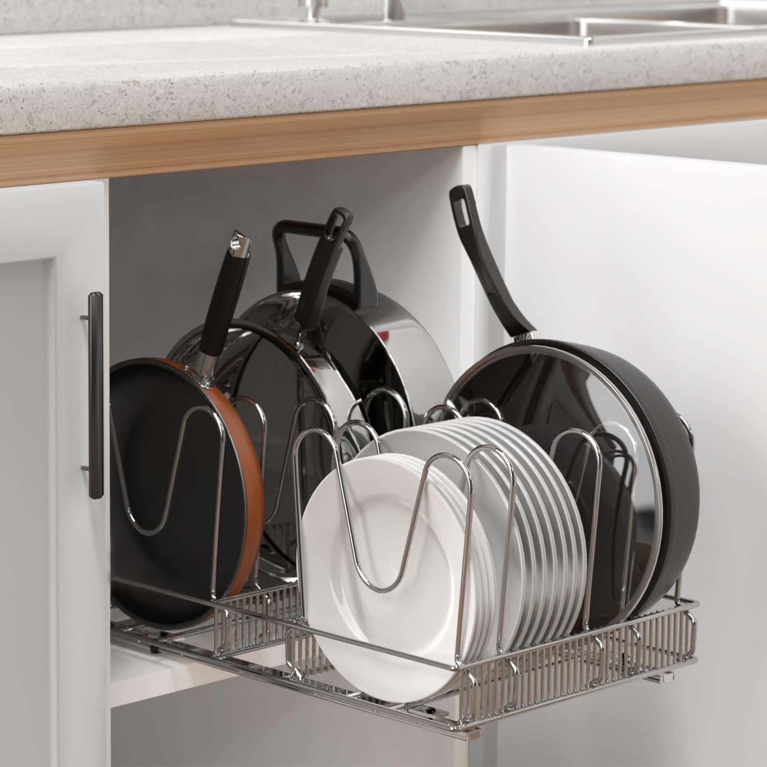 Pots and Pans Organizer Under Cabinet, Pot and Pan Organizer with 10 ...