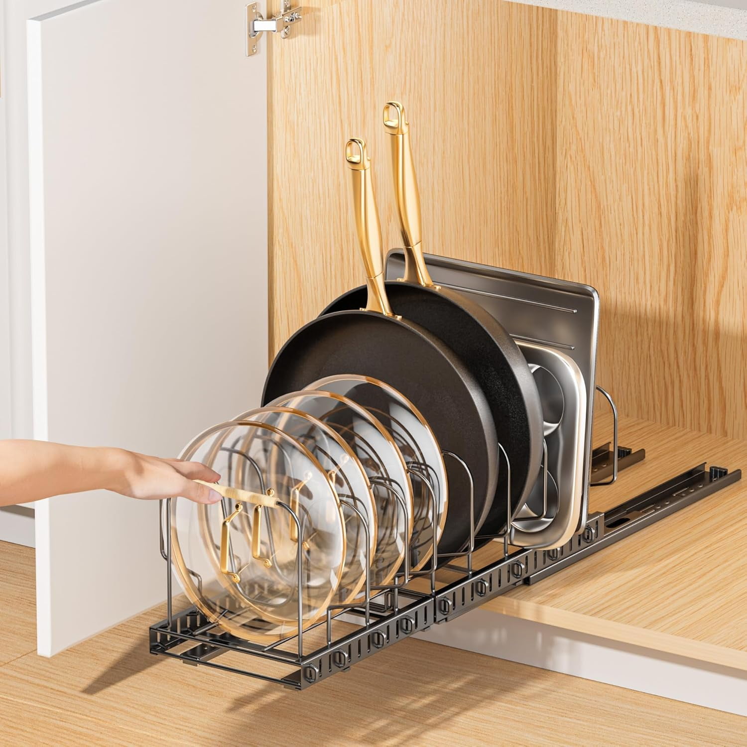 Pots and Pans Organizer for under Cabinet, Pull out Pan Organizers ...