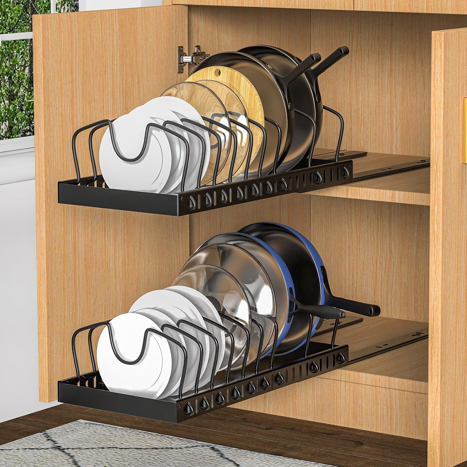 Pots and Pans Organizer Under Cabinet,Sliding Adjustable Pan Organizer ...