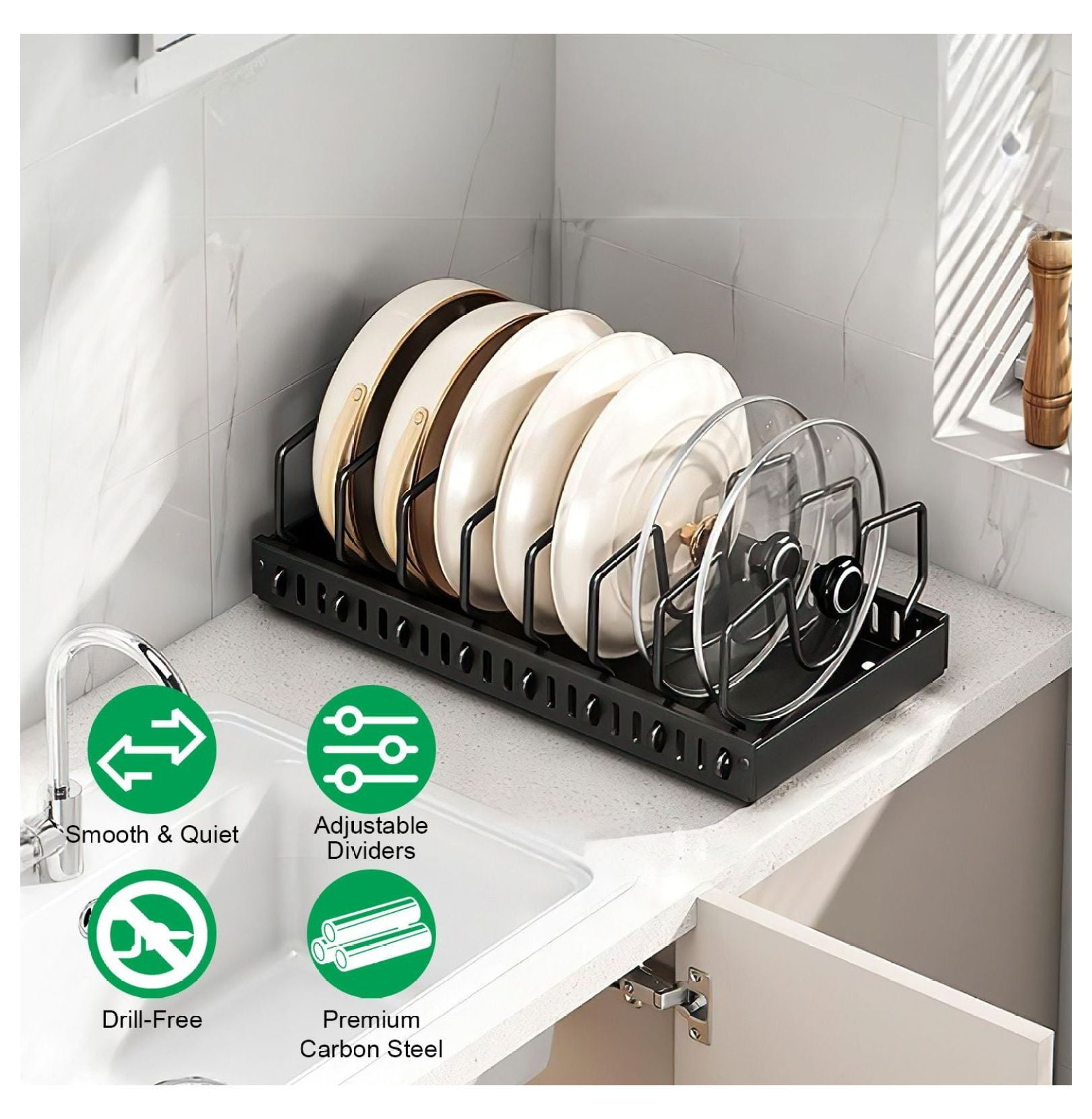 Pots and Pans Organizer for Cabinets - 8 Adjustable Dividers, Sliding ...
