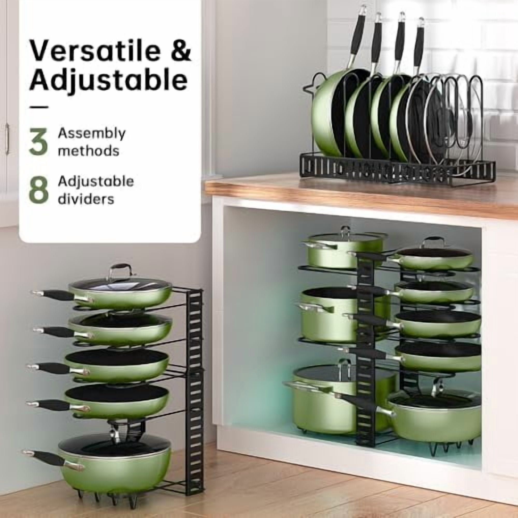 Pots and Pans Organizer Rack for under Cabinet, 8-Tiers Adjustable Pot ...