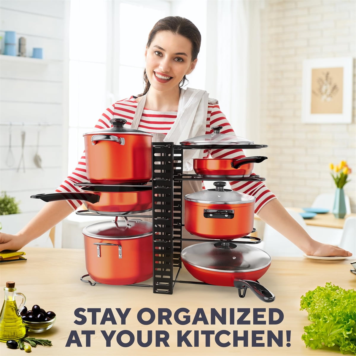 Pots and Pans Organizer Under Cabinet - 8-Tier Adjustable Pan Organizer ...