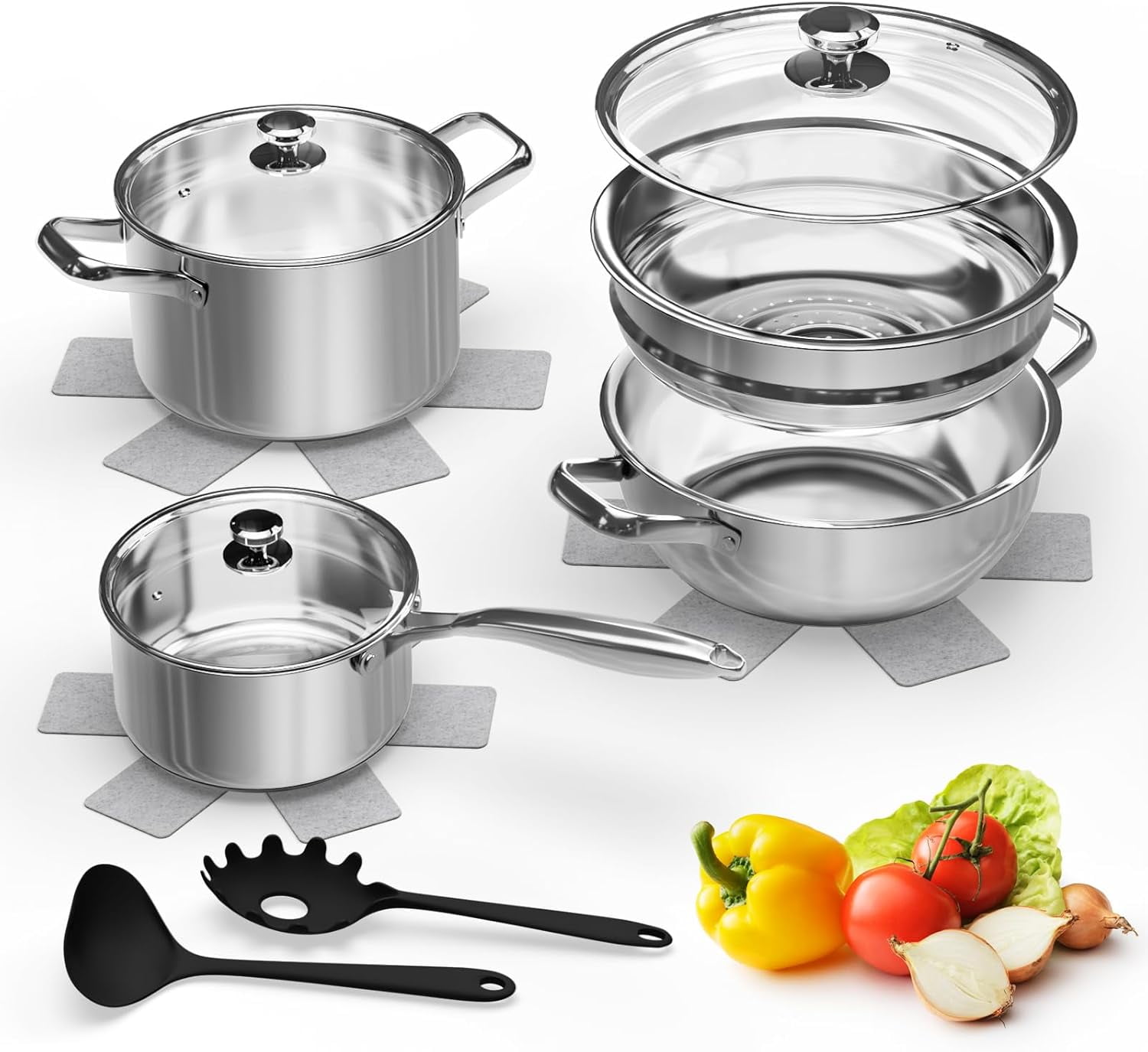 Pots and Pans Set,12-Piece Stainless Steel Cookware Set, Induction Ready Kitchen Cooking Set ...