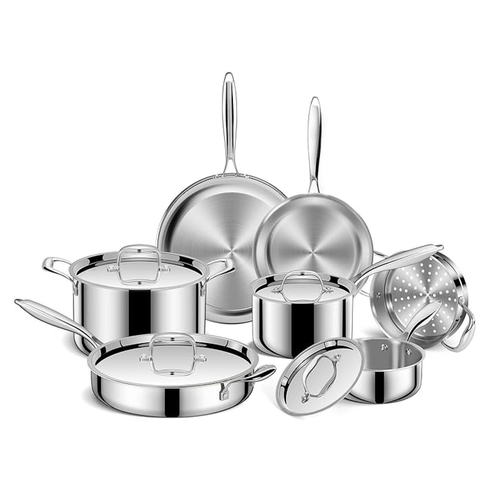 Pots and Pans Set, 3 Ply 11 Piece Stainless Steel Cookware Set, Oven ...