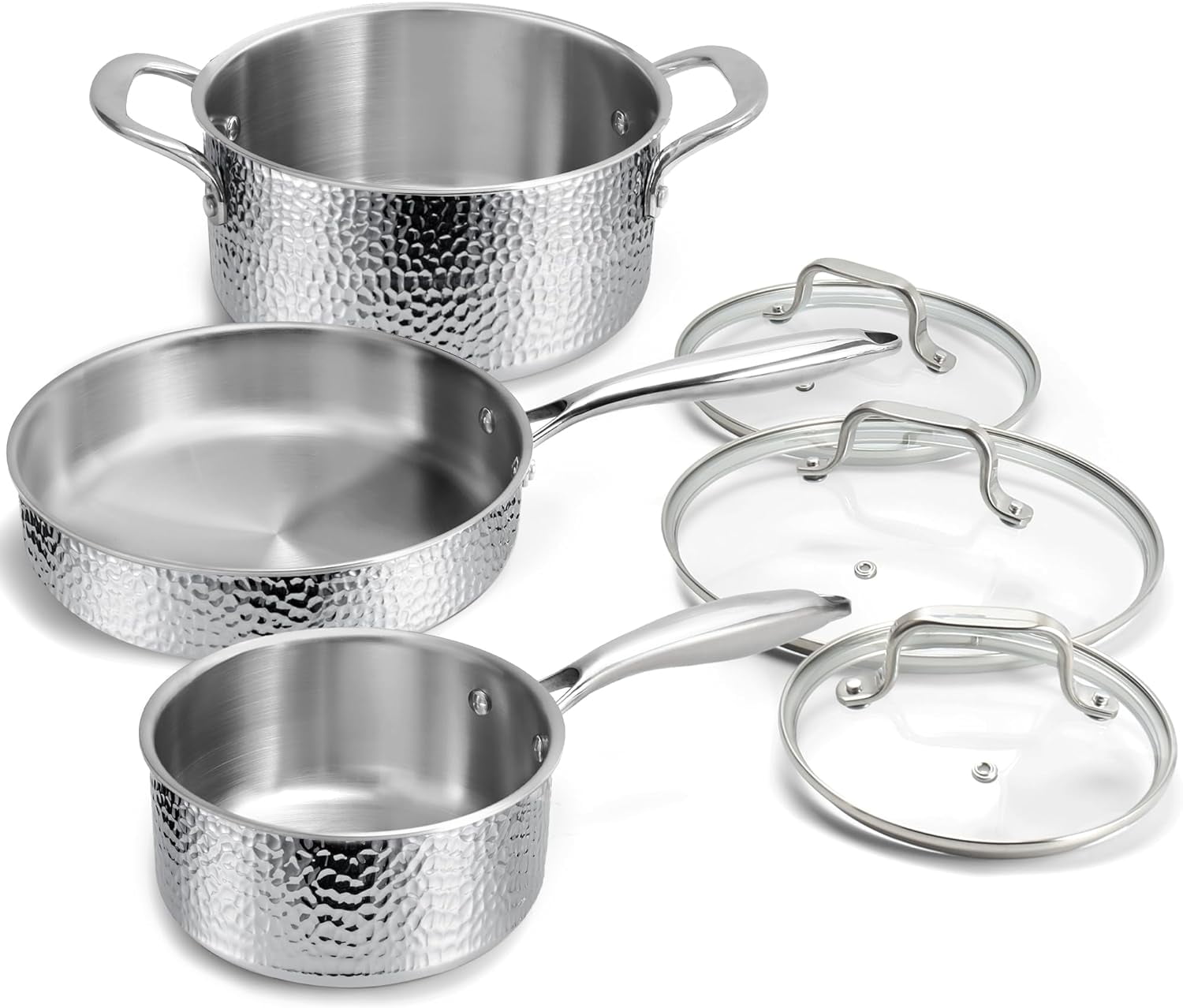Pots and Pans Set, 6 Pieces Tri-Ply Stainless Steel Hammered Kitchen ...