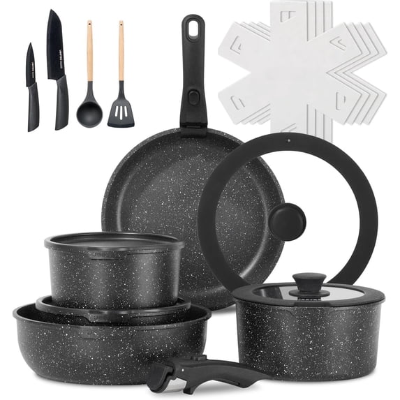 Pots and Pans Set Non 19 count, Kitchen Cookware Sets with Detachable ...