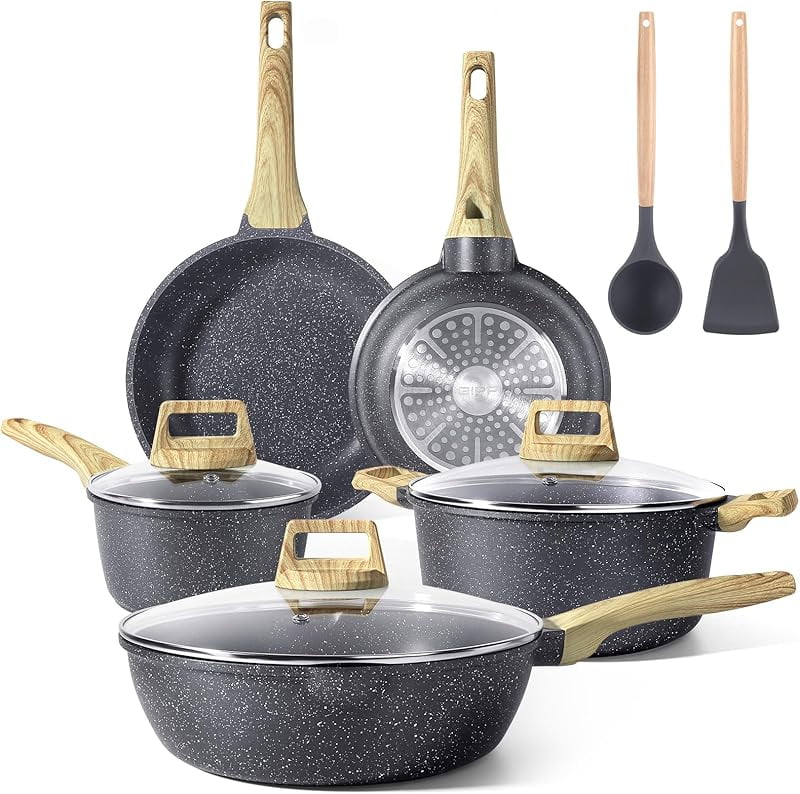 Pots and Pans Set Non Stick - 14 Pcs White Granite Kitchen Cookware ...