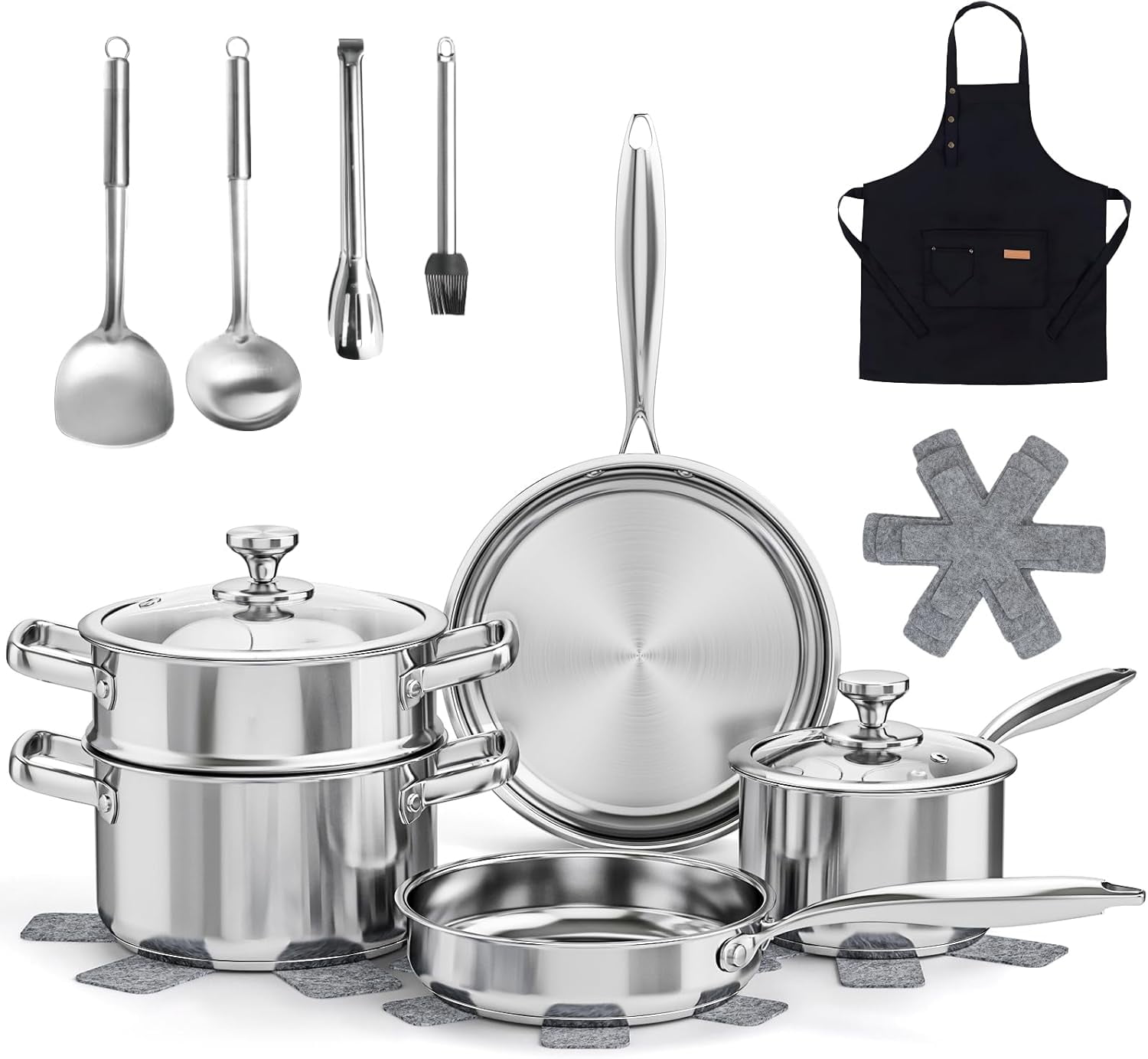 Pots and Pans Set Non Toxic, 16-Piece Stainless Steel Cookware Set with ...