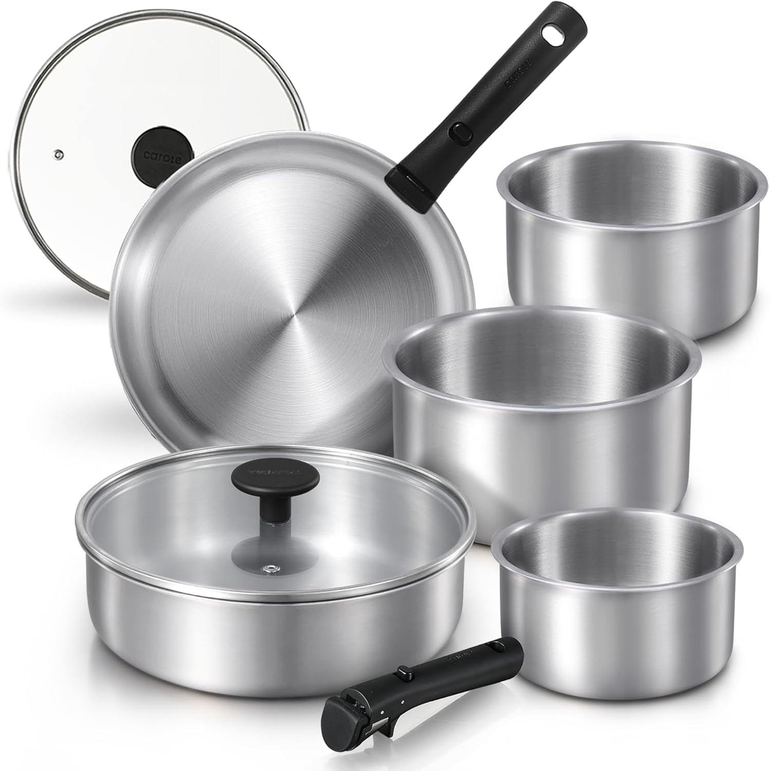 Pots and Pans Set, Stainless Steel Cookware Set Detachable Handle, 9pcs ...