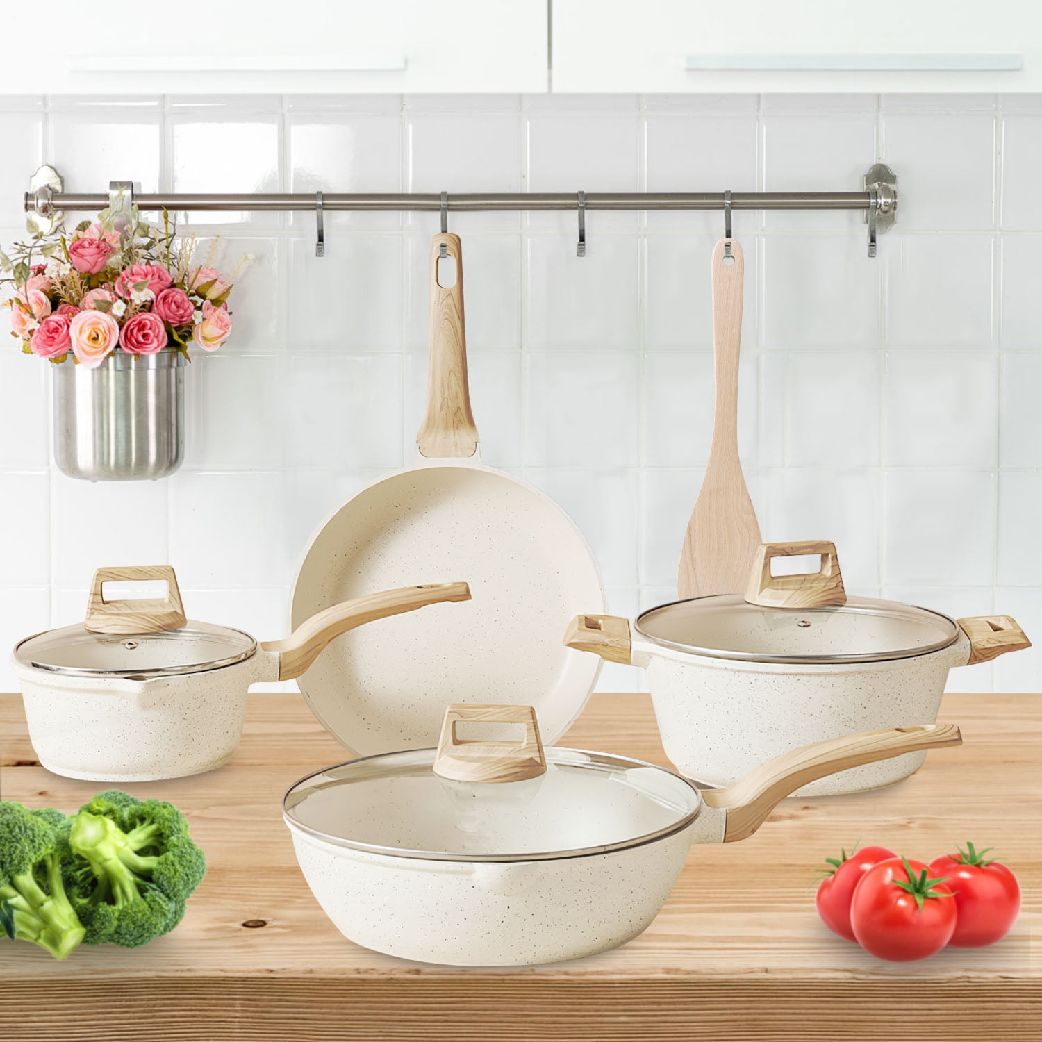 iMounTEK Nonstick Induction Cookware Set, White Granite, Dishwasher ...