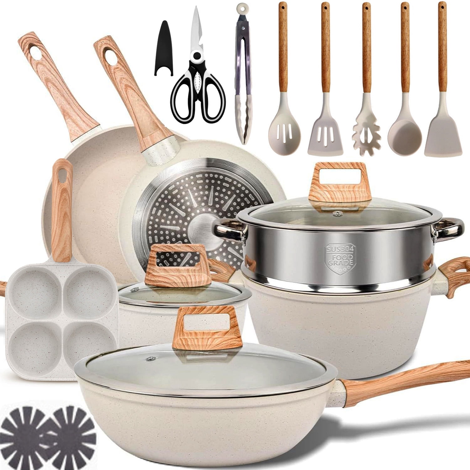 Pots and Pans, 19 Pcs Nonstick Kitchen Cookware Sets, Induction Cookware (Beige Granite ...