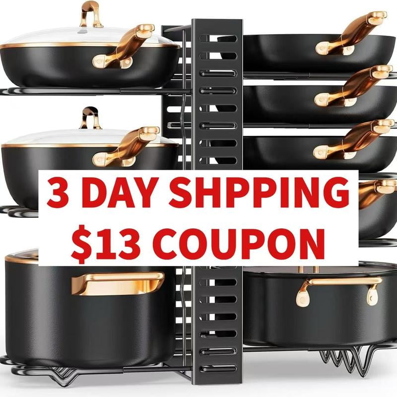 Pots and Pans Organizer Rack - 8-Tier Adjustable Kitchen Cabinet Organizer, Pot Rack for Under ...