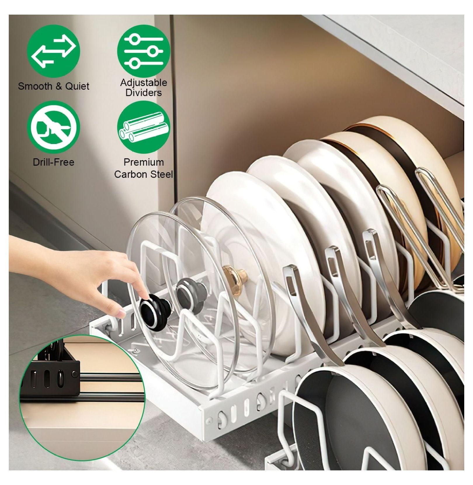 Pots and Pans Organizer for Cabinets - 8 Adjustable Dividers, Tool-Free ...
