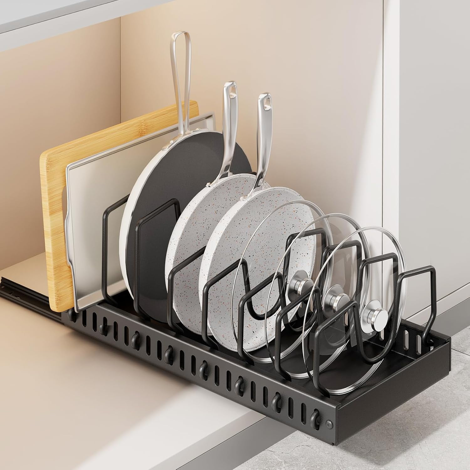Pots and Pans Organizer for Under Cabinet, Pull Out Pot Lid Organizer ...