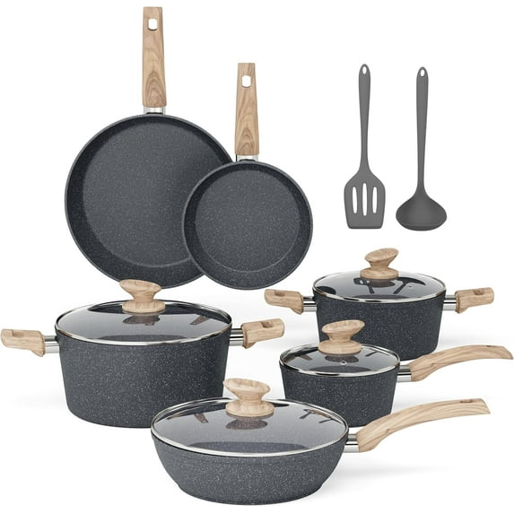 Pots and Pans Set Non Stick 12 Piece Green Granite Kitchen Cookware ...