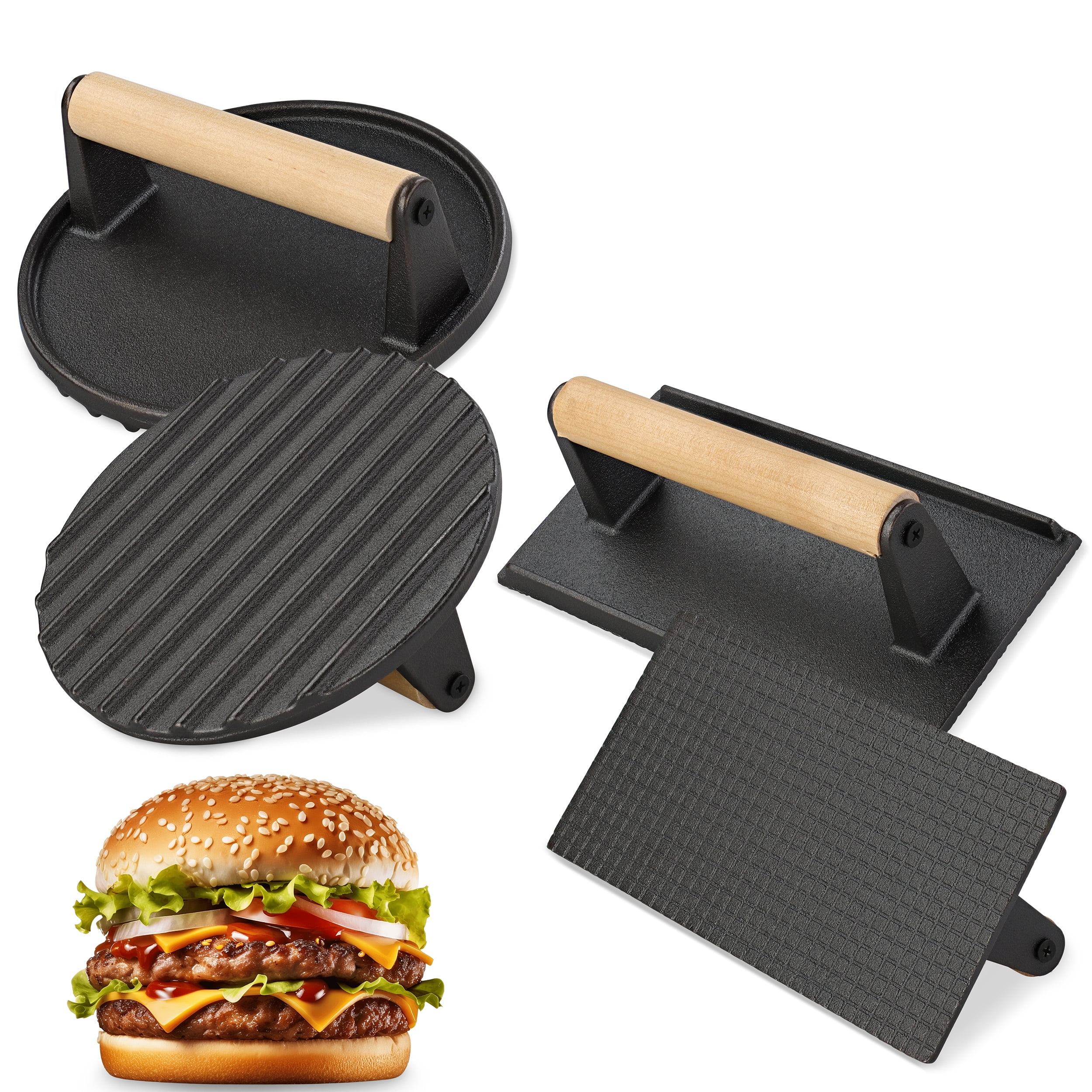 Potted Pans Cast Iron Burger Press Set of 4 - Round and Rectangle ...
