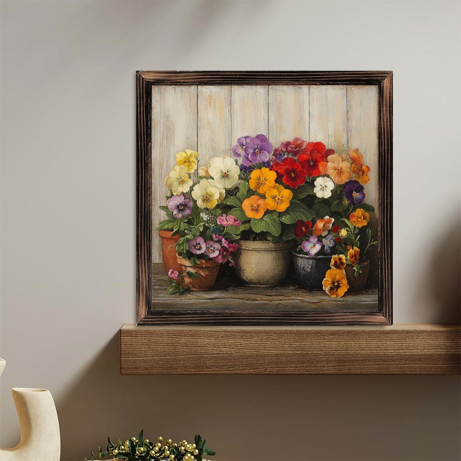Potted Pansies Colorful Blooms Wooden Sign Wall Plaque - Vintage Art ...