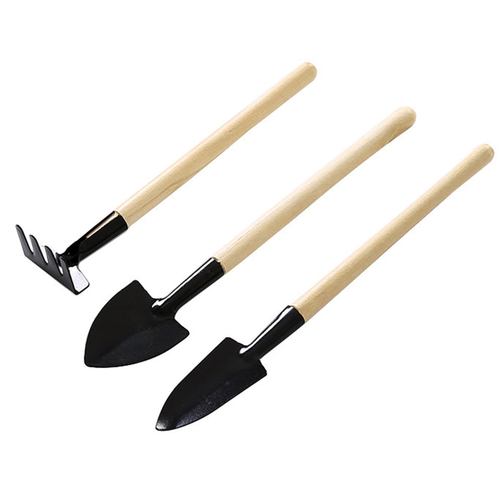 Potted wooden handle, three-tooth rake, pointed black gardening, mini ...