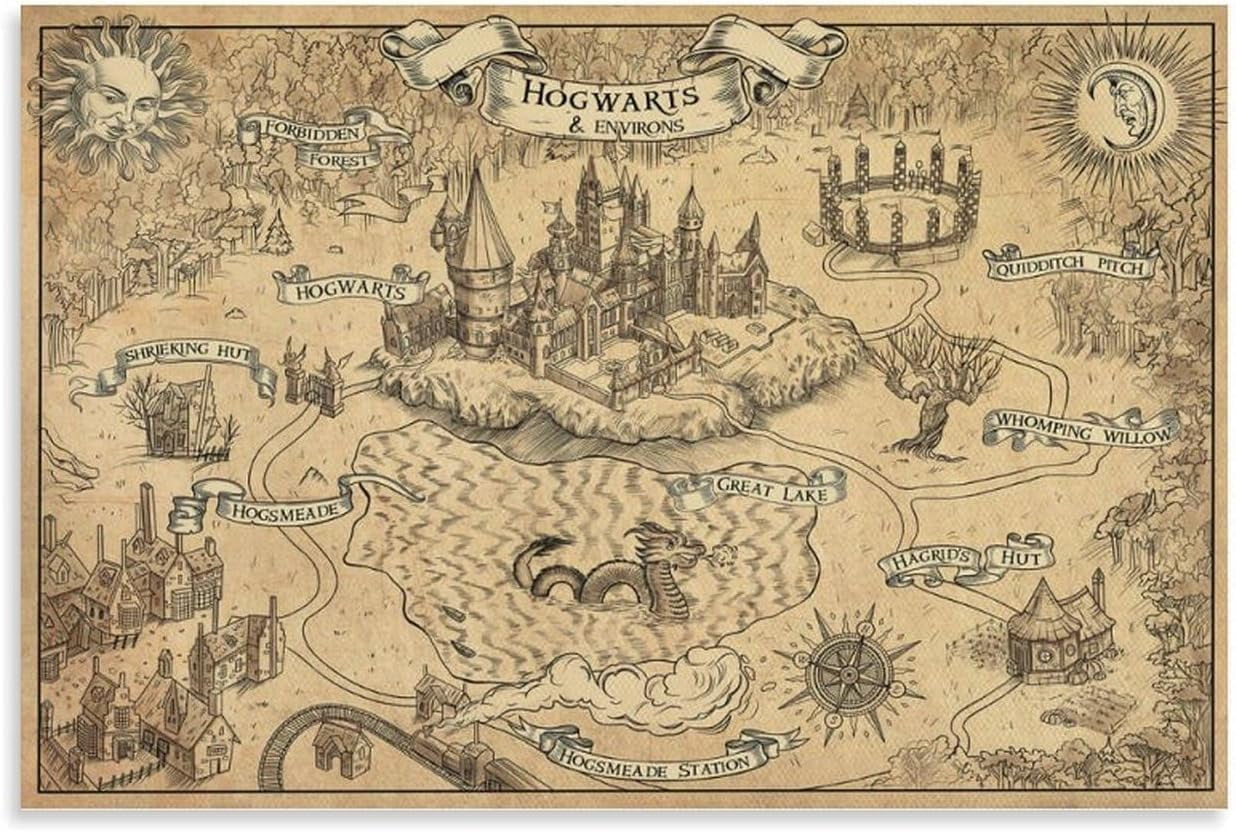 Potter Poster, Wizard Harry Movie Map Posters Canvas Wall Art Farmhouse ...