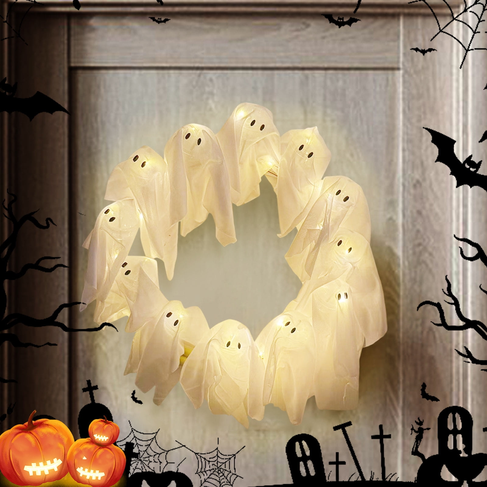 Pottery Barn Lit Ghosts Wreath Halloween Decorations Outdoor,Halloweens ...