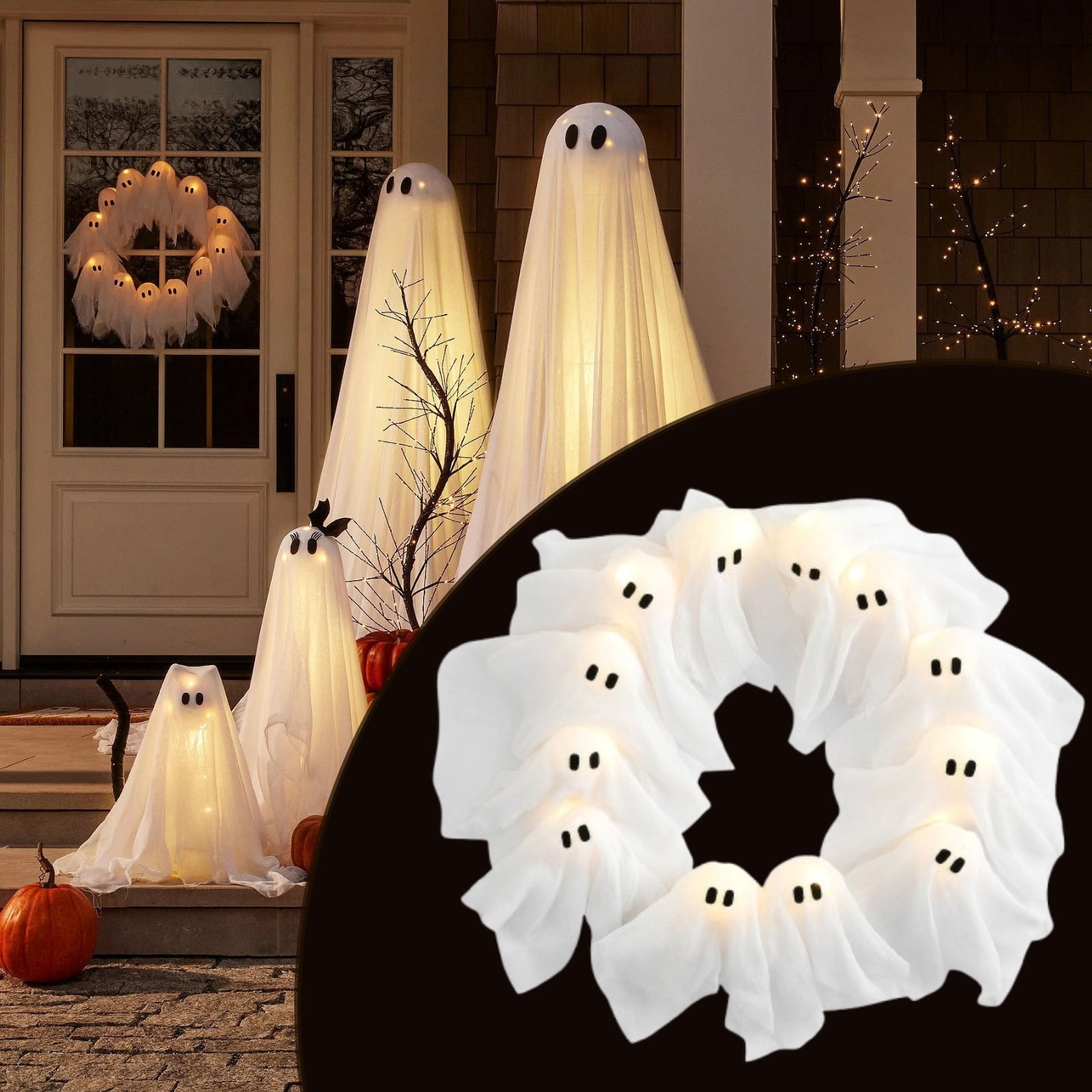 Pottery Barn Lit Ghosts Wreath Halloween Spooky Decorations Cute Ghost ...