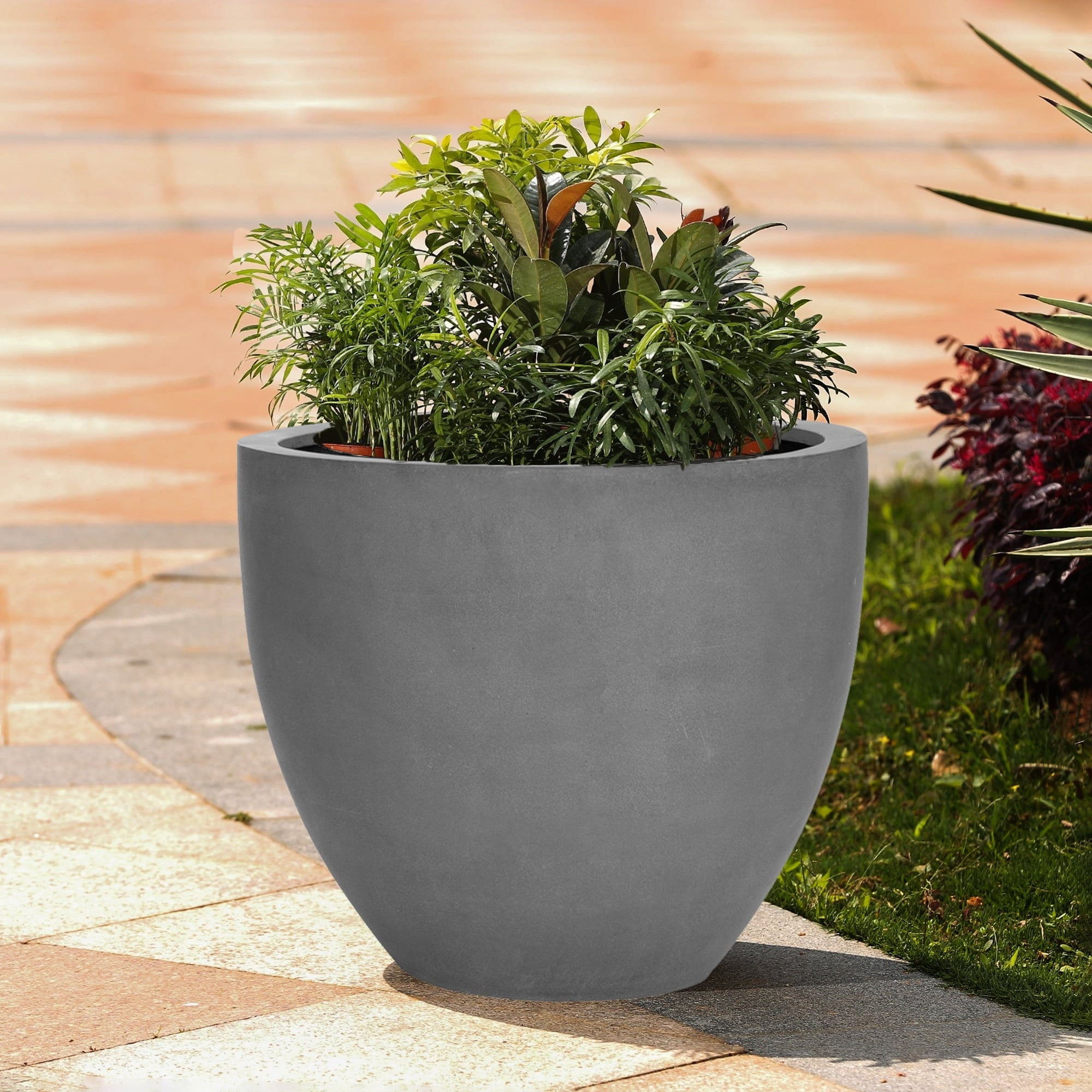 Pottery Pots Natural Jesslyn Round Planter Pot Indoor Outdoor Fiberstone Planter Box 24-in ...
